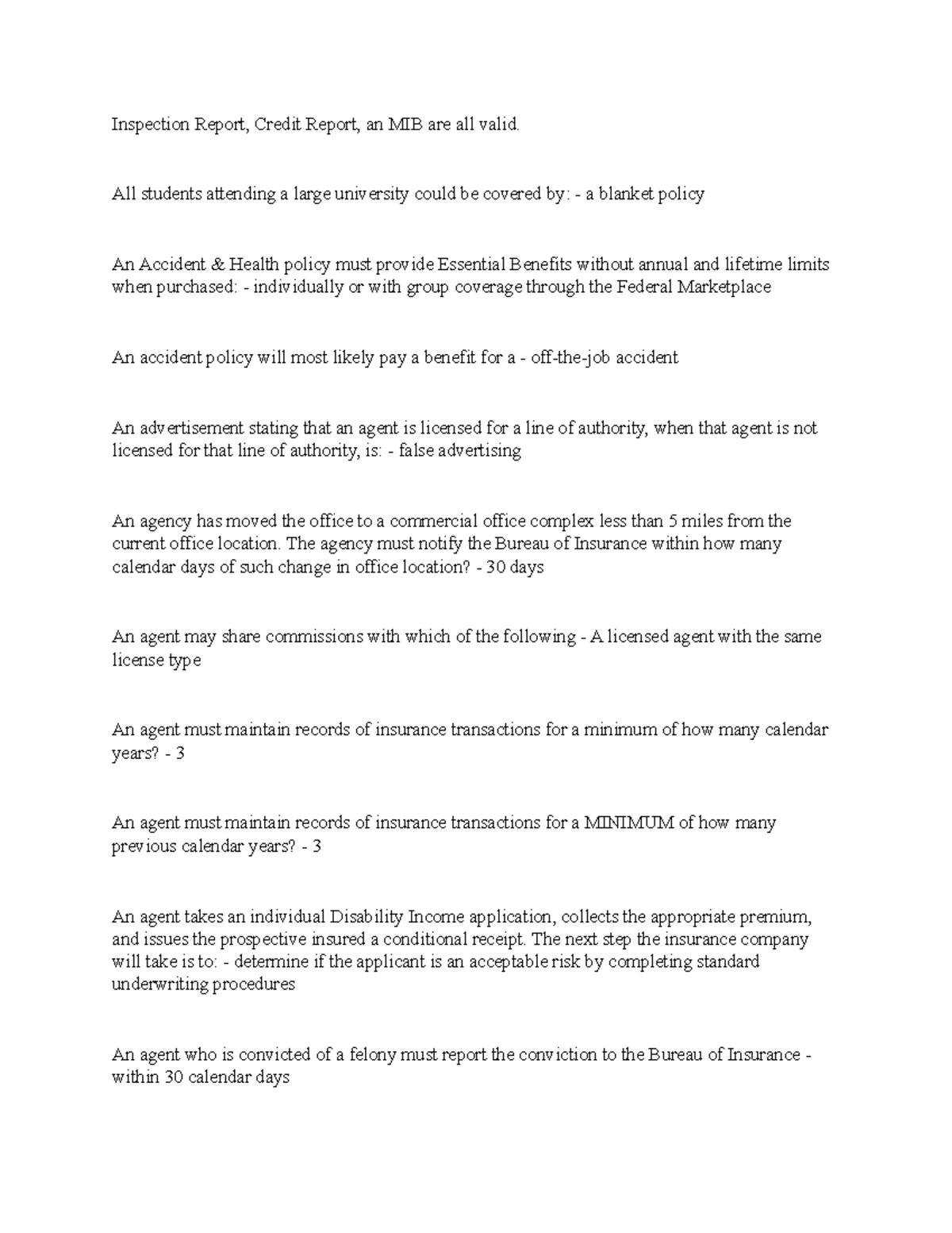 Note 2 - Health Law - Inspection Report, Credit Report, an MIB are all ...