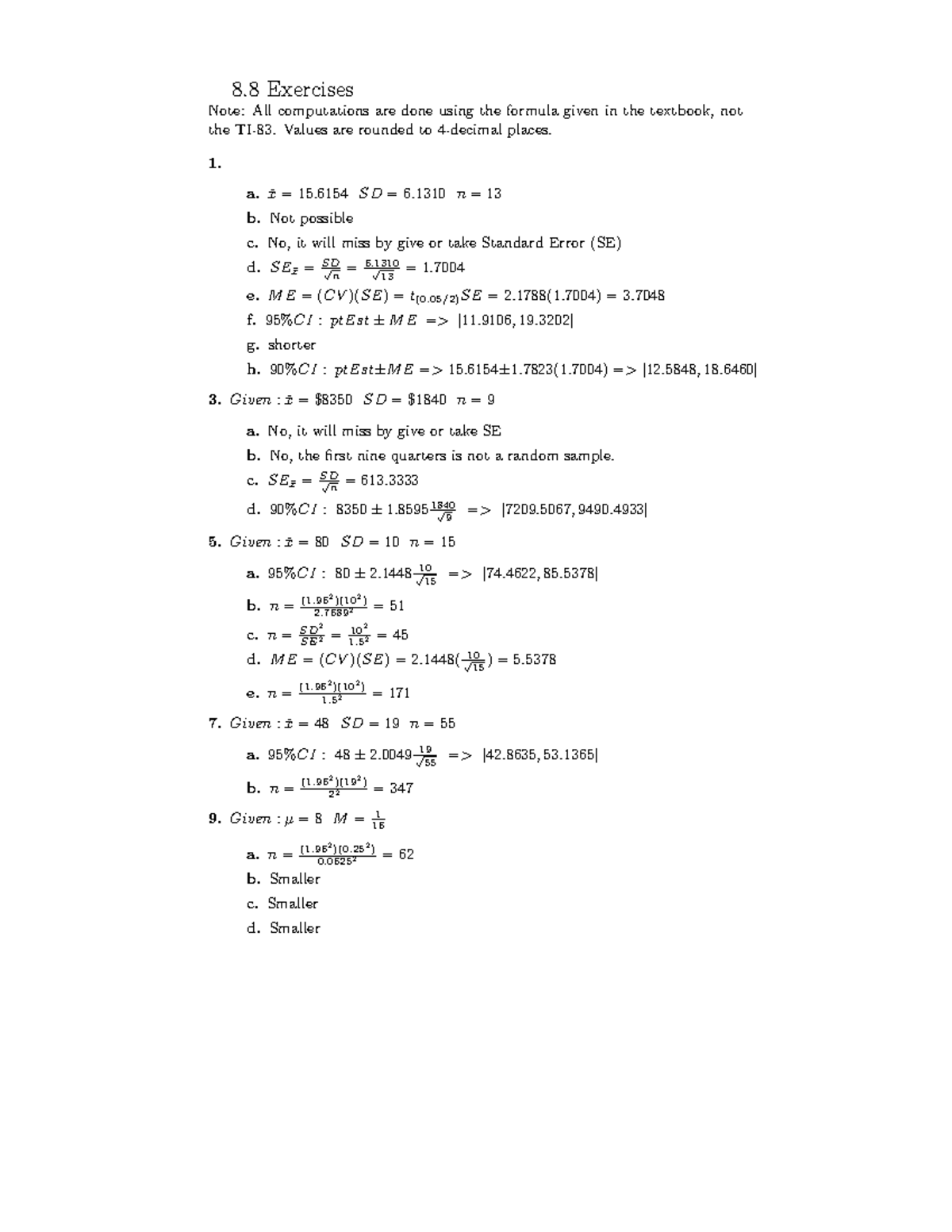 Stat 2160 texbook answers h8 - 8 Exercises Note: All computations are ...
