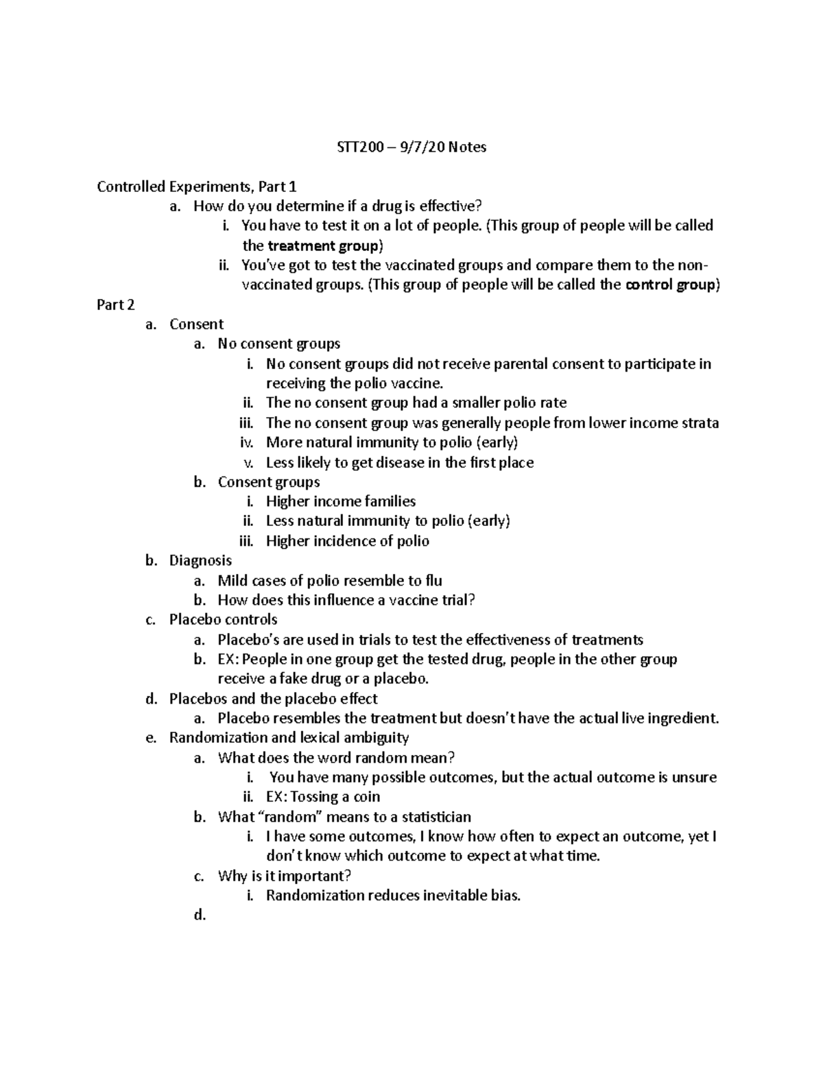 STT200 - Lecture notes 2 - STT200 – 9/7/20 Notes Controlled Experiments ...