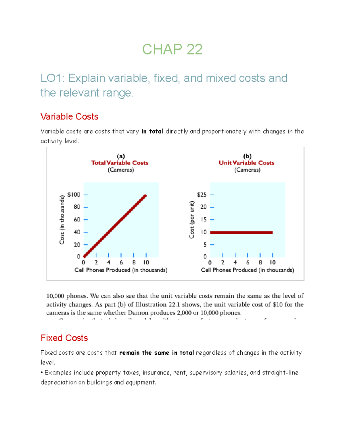 CHAP 22 - pe note - CHAP 22 LO1: Explain variable, fixed, and mixed costs and the relevant range ...