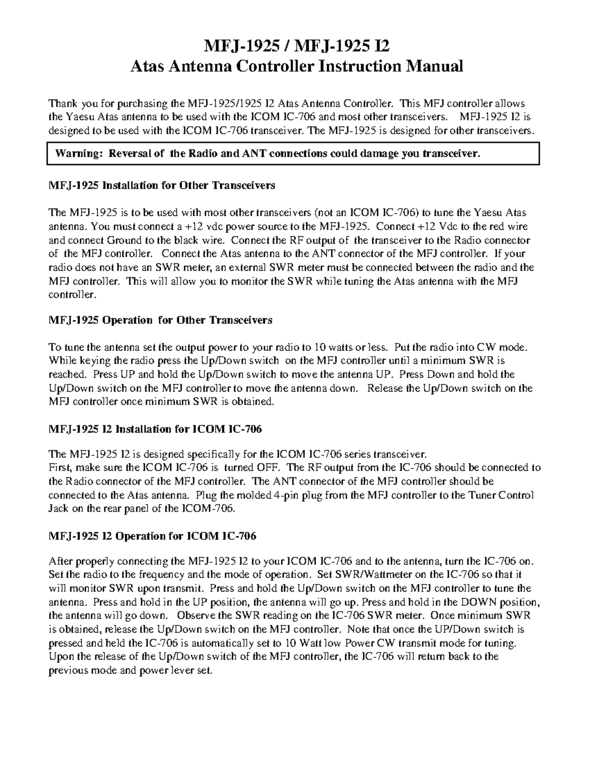 MFJ-1925I2 - Atas 120 - MFJ-1925 / MFJ-1925 I Atas Antenna Controller ...