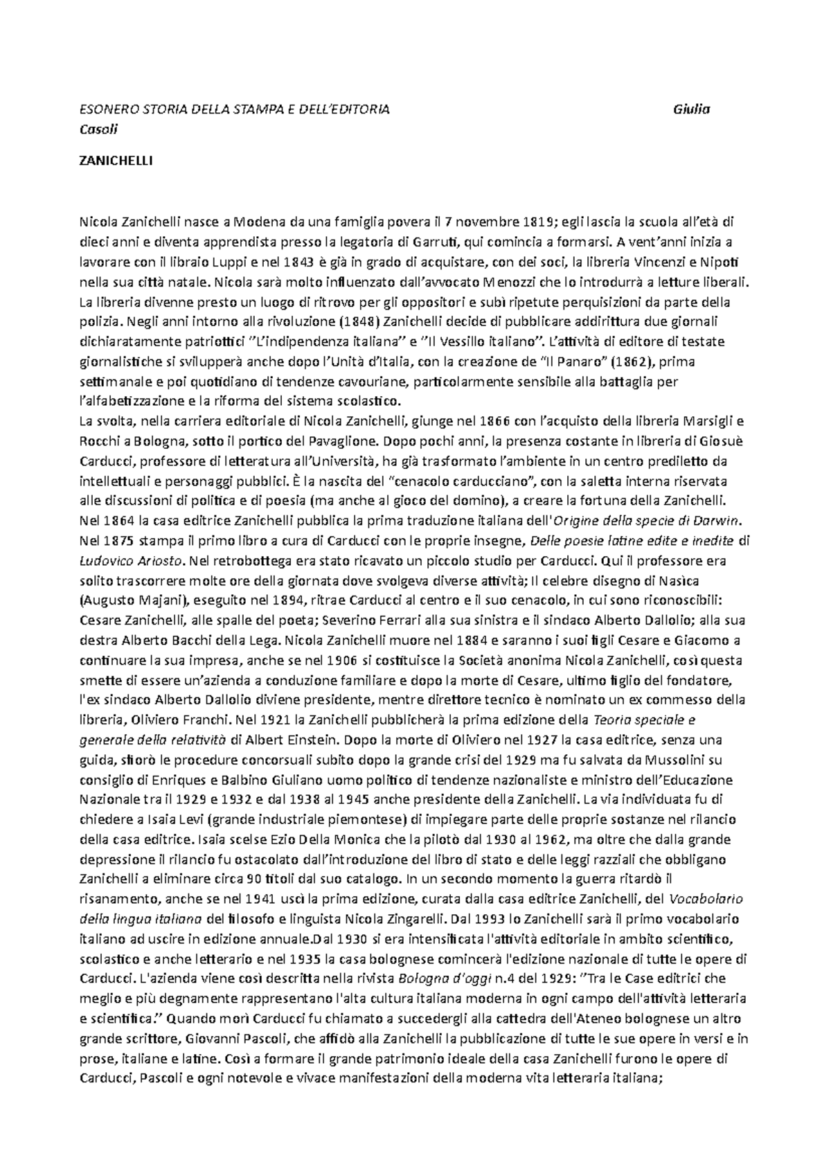 LA ZANICHELLI STORIA - ESONERO STORIA DELLA STAMPA E DELL’EDITORIA ...