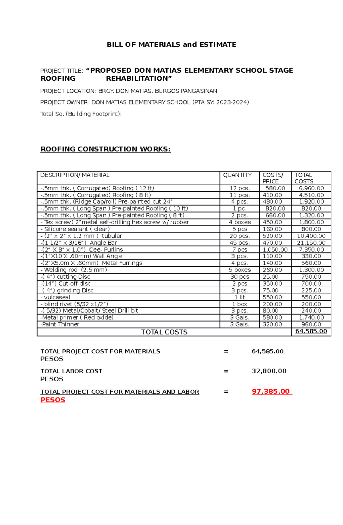 Repair est - Sample - BILL OF MATERIALS and ESTIMATE PROJECT TITLE ...