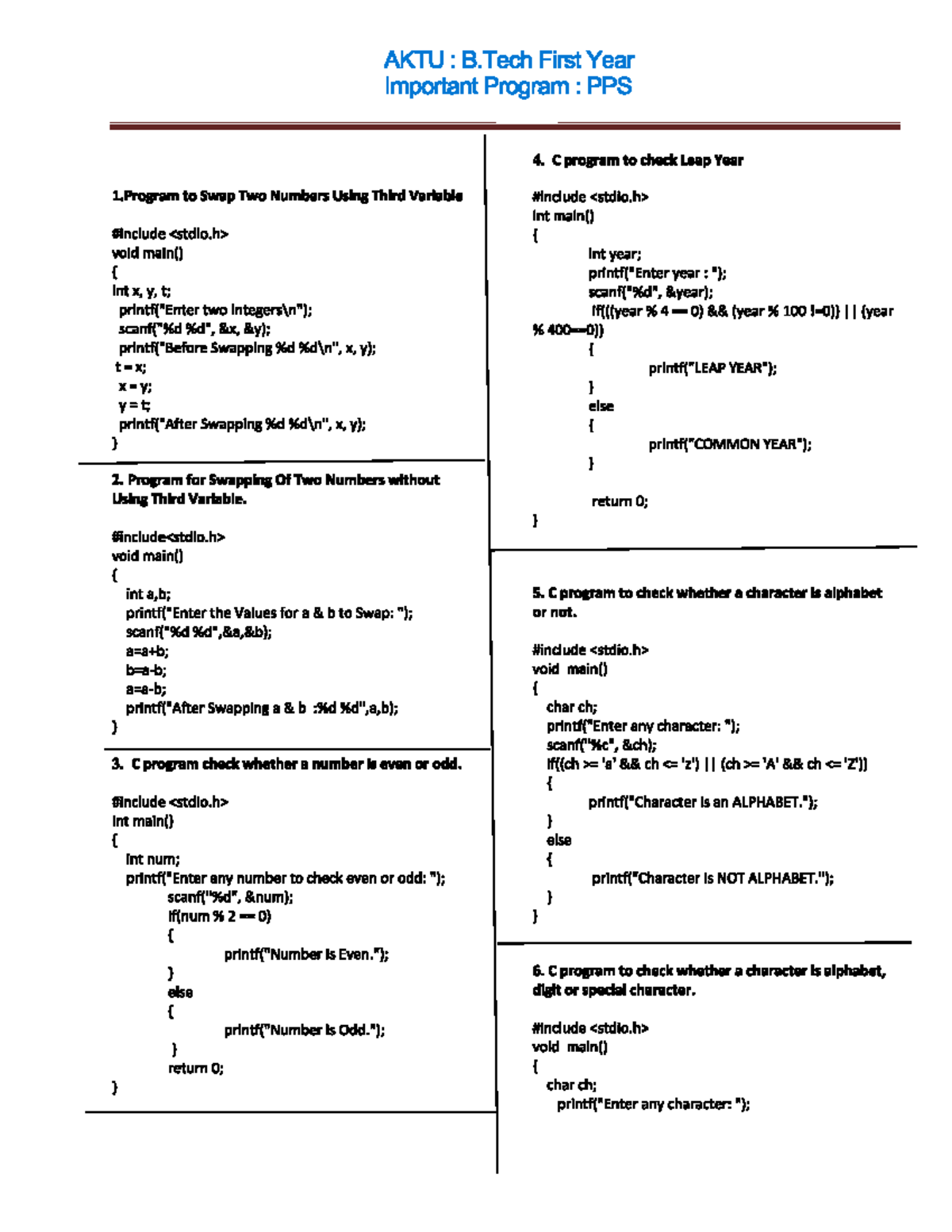Important Programs PPS - AKTU : B First Year Important Program : PPS 4. C program to check Leap ...