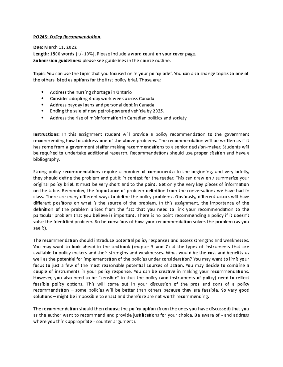 PO245-Policy Recommondation (2022) - PO245: Policy Recommendation. Due ...