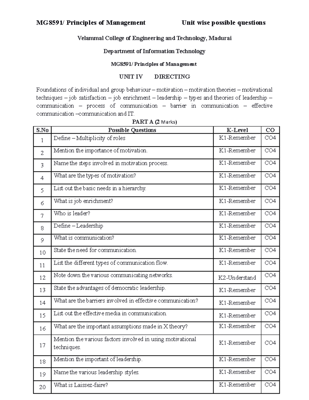 Unit 4 pom question bank - MG8591/ Principles of Management Unit wise ...