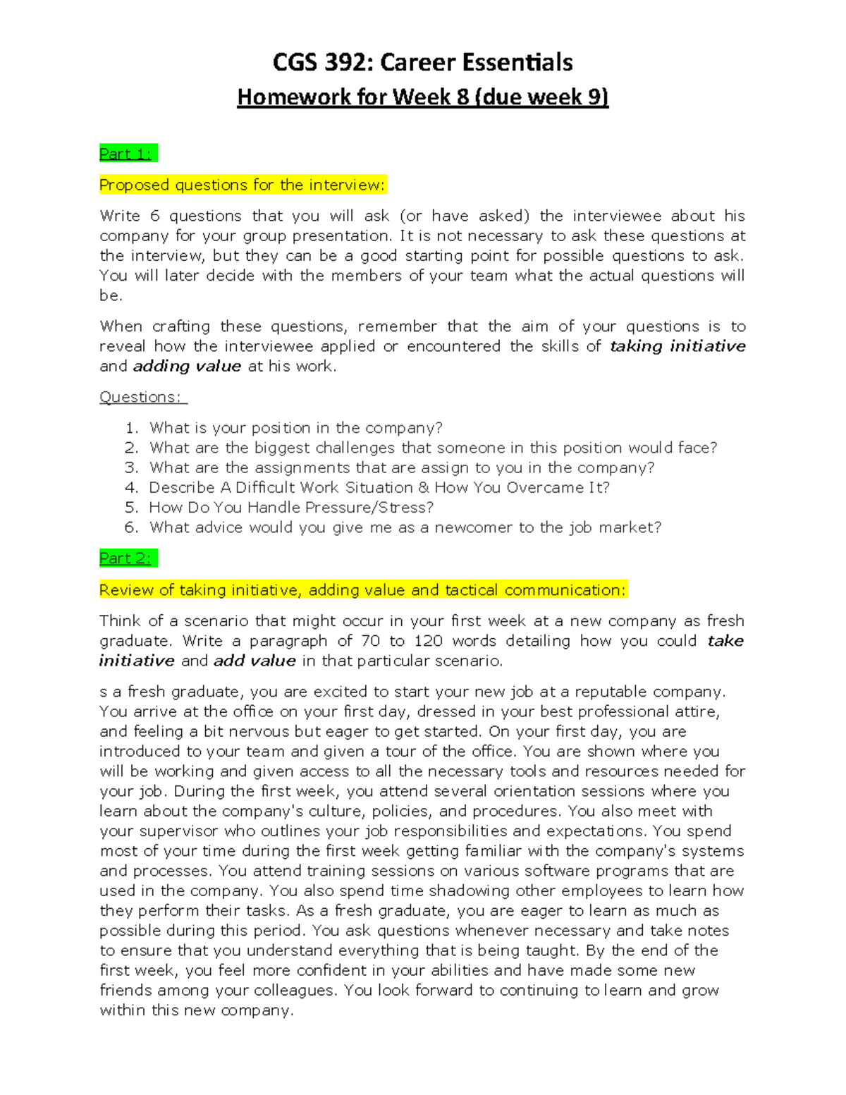 GCS 392 08 Homework for Week 9 - CGS 392: Career Essentials Homework ...