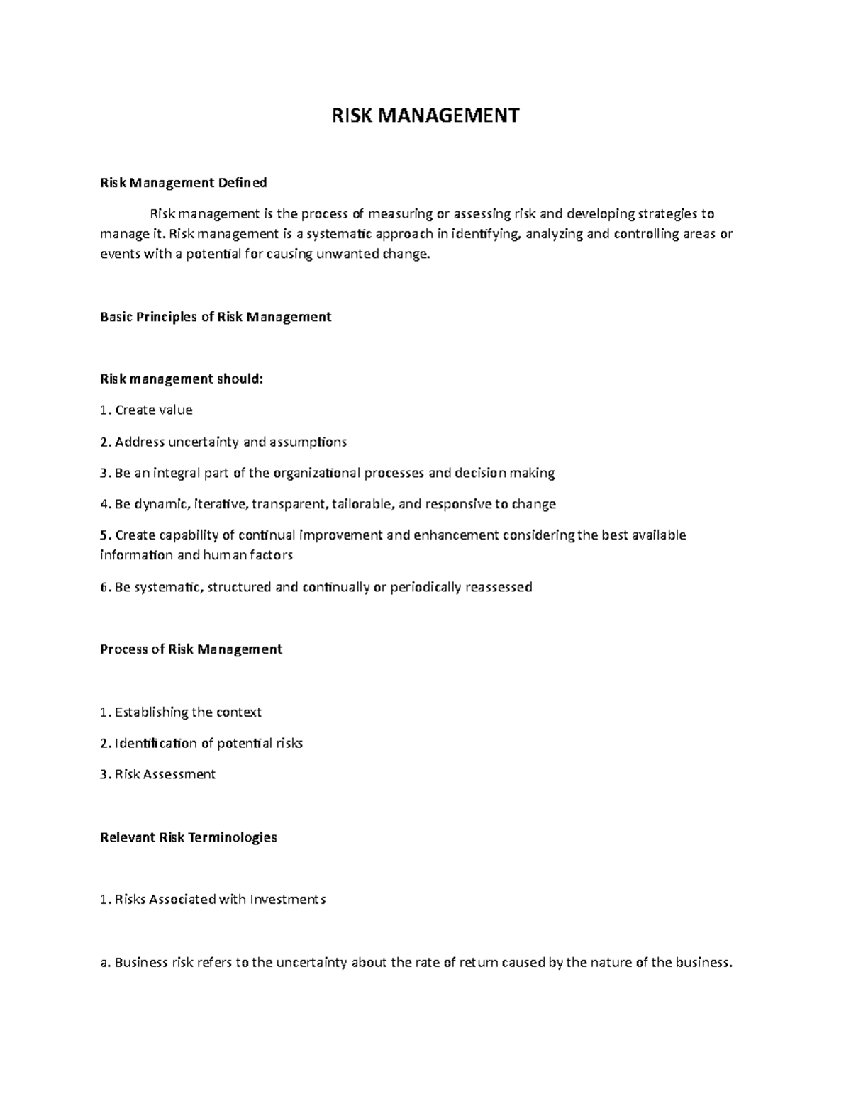 RISK- Management-notes - RISK MANAGEMENT Risk Management Defined Risk ...