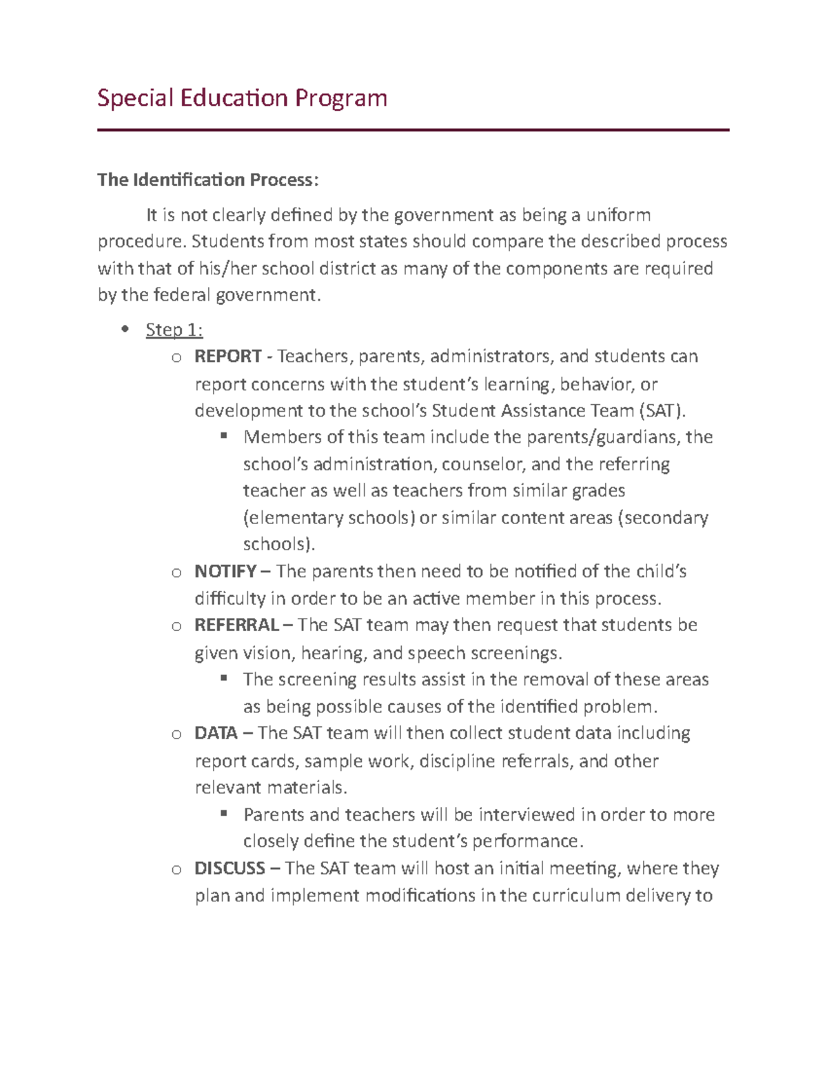 Special Education Program Notes - Special Education Program The ...