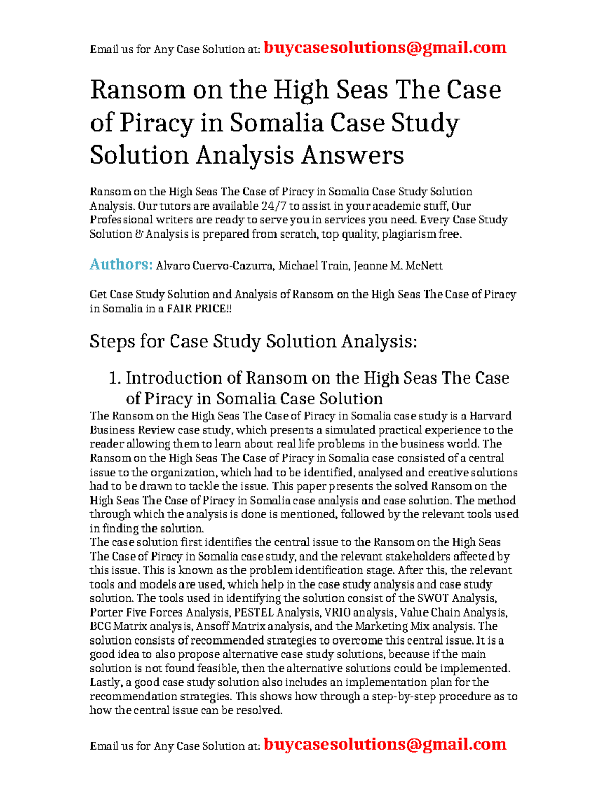 Case Solution Ransom on the High Seas The Case of Piracy in Somalia ...