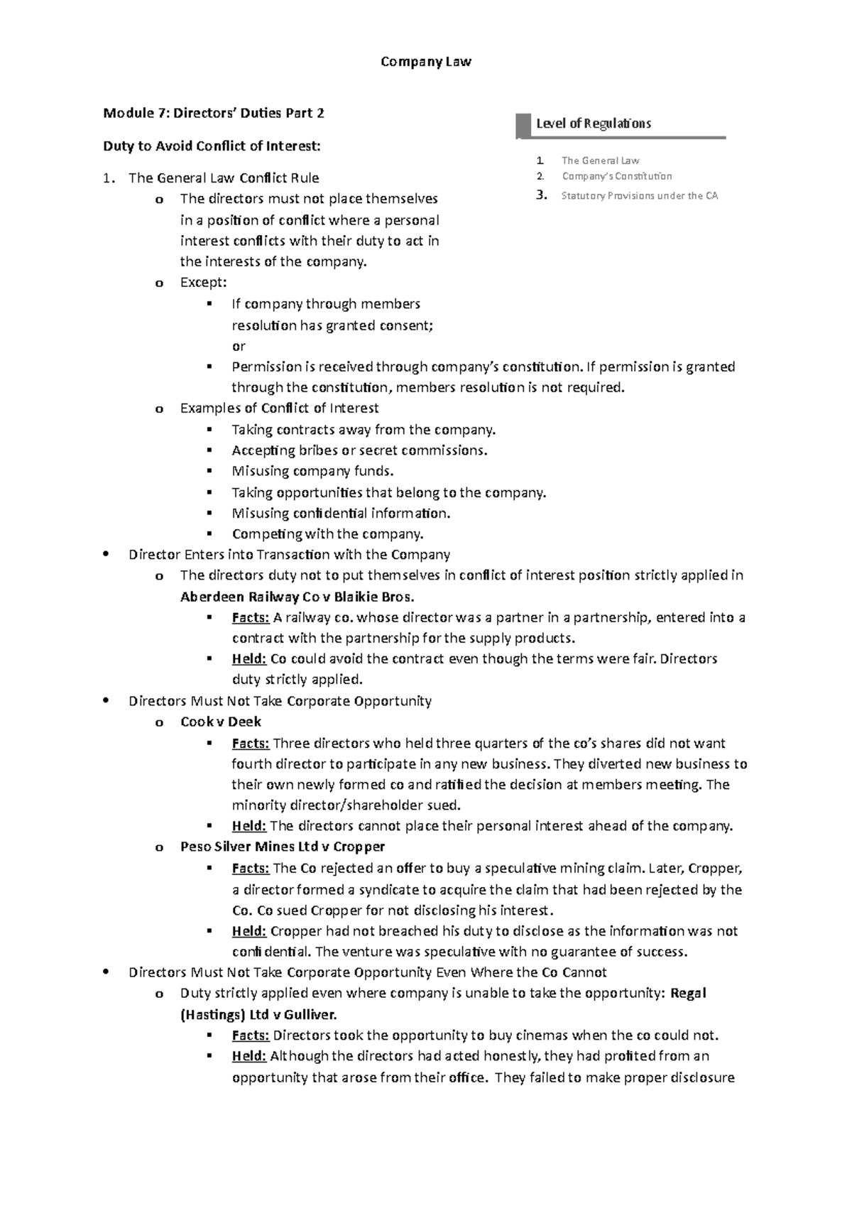 Module 7Law - Lecture notes 7 - Company Law Module 7: Directors’ Duties ...