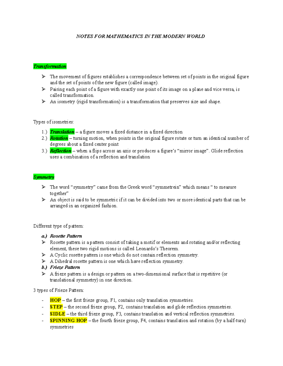 Notes FOR Mathematics IN THE Modern World - NOTES FOR MATHEMATICS IN ...