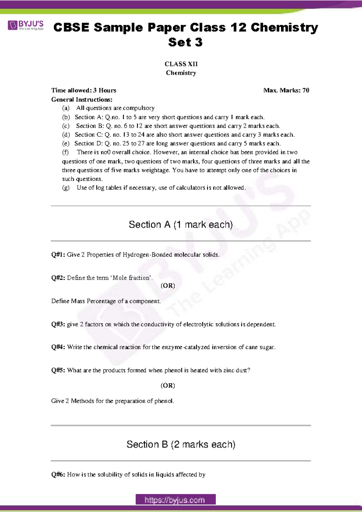 CBSE Sample Paper Class 12 Chemistry Set 3 - CLASS XII Chemistry Time ...