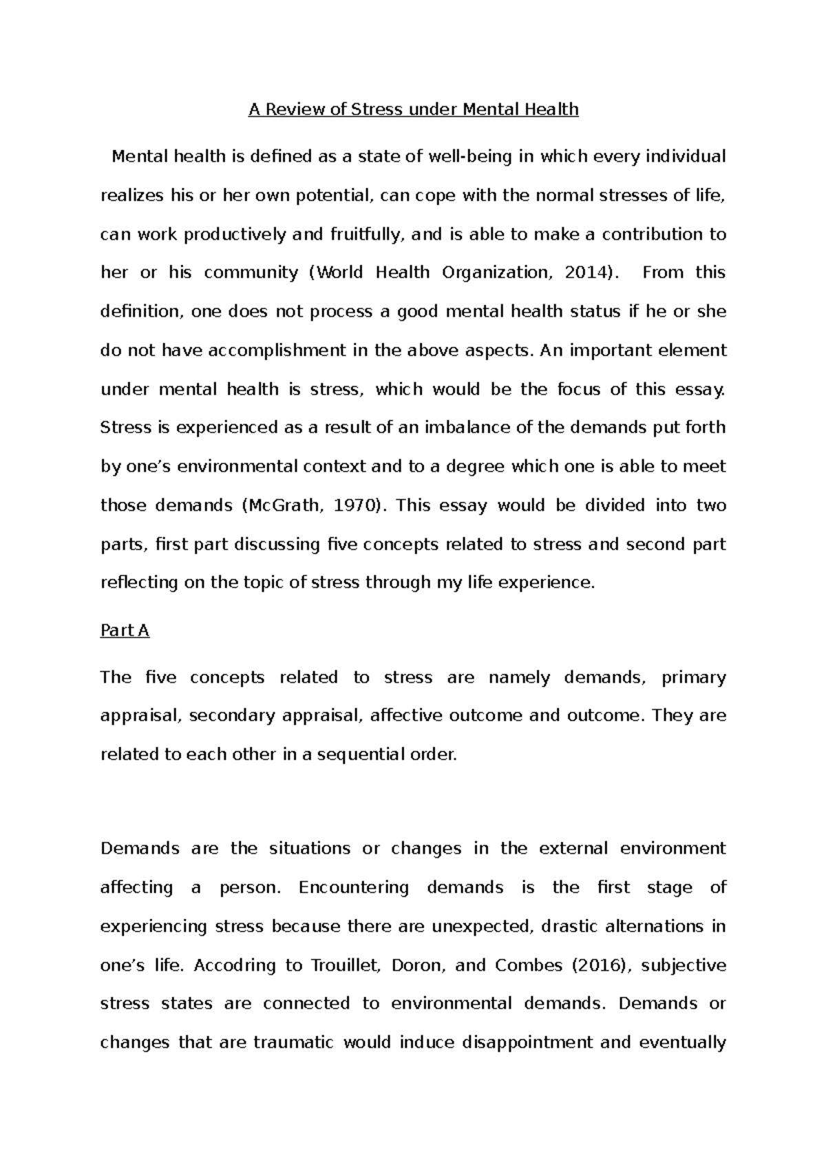 A range paper (mental health - stress) - A Review of Stress under ...