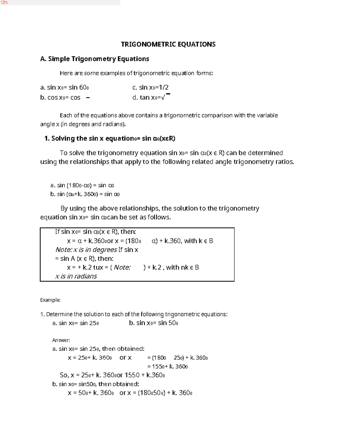 Trigonometric Equations Practice 1 Trigonometric Equations A Simple Trigonometry Equations