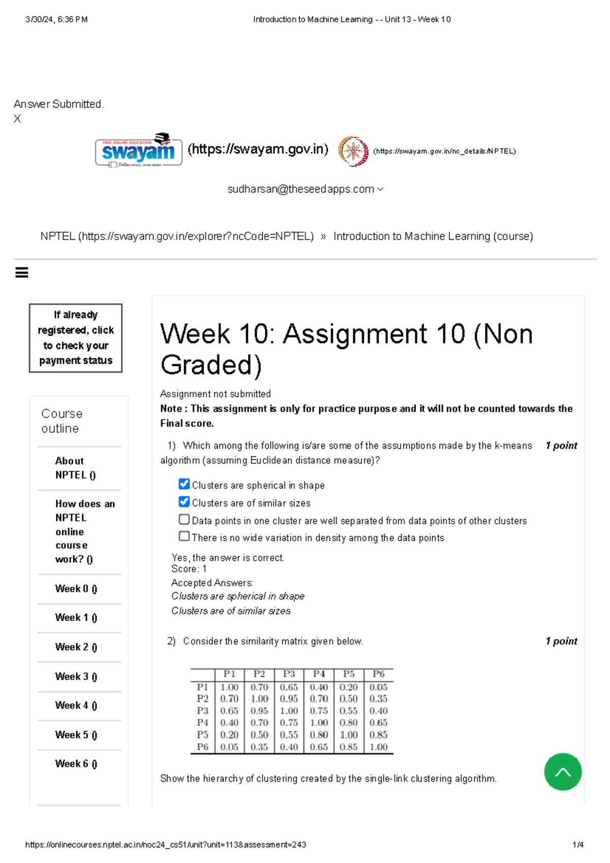 Introduction to Machine Learning - Unit 13 - Week 10 - Answer Submitted. X NPTEL - Studocu