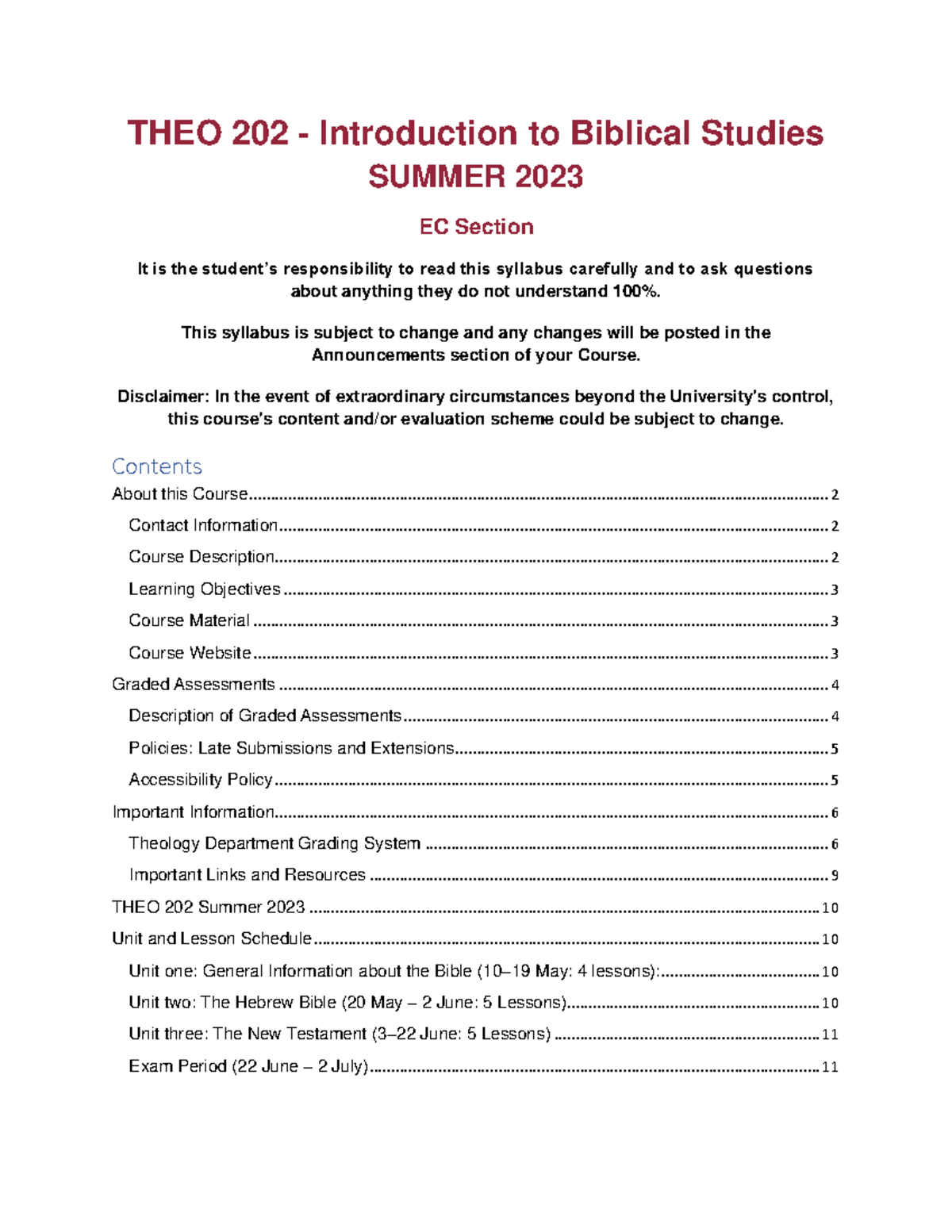 THEO 202 Course Outline - Summer 2023 V 4 - THEO 202 - Introduction to ...