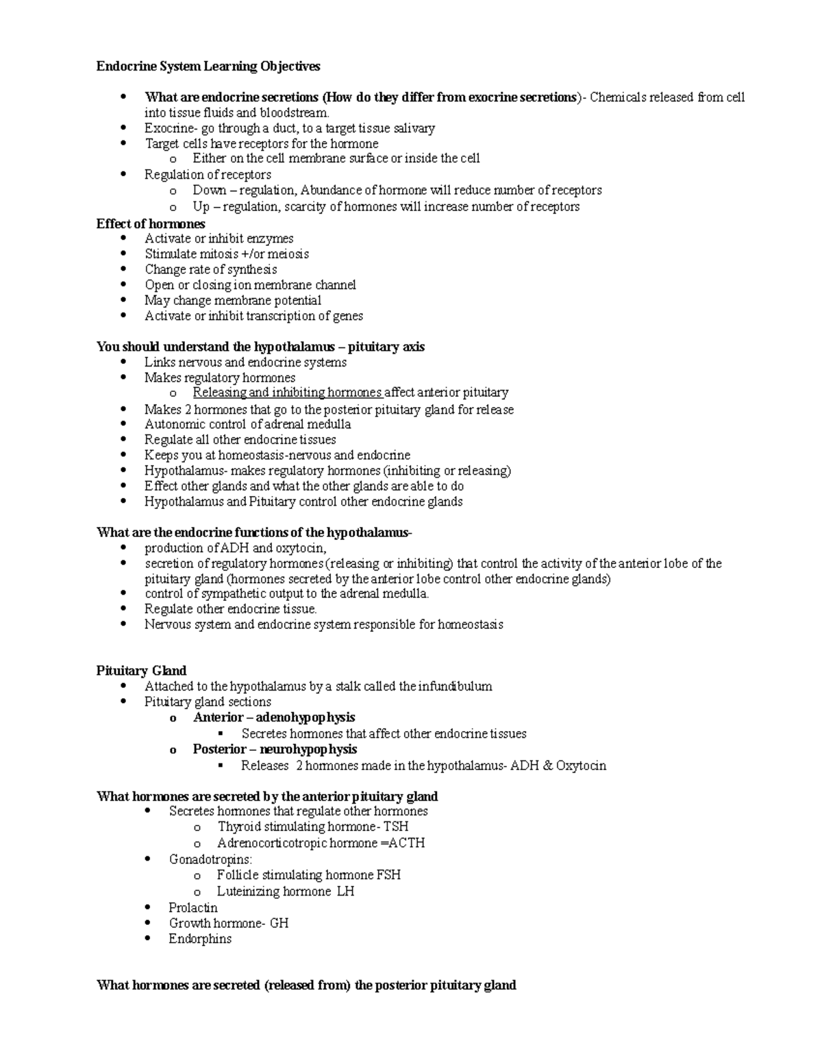Endocrine System 20 LO - Learning objectives (exam study guide w ...