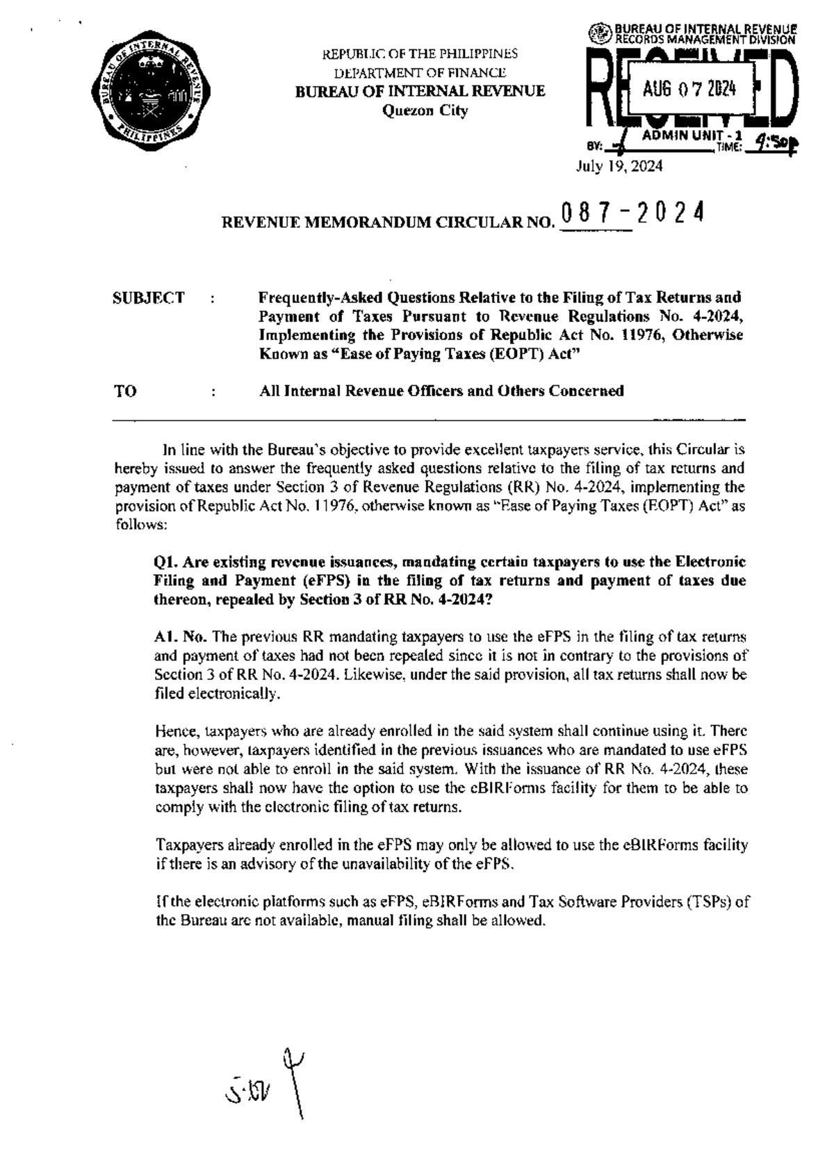 RMC No. 87-2024 - taxation - BUREAU OF INTERNAL REVENUE RECORDS ...