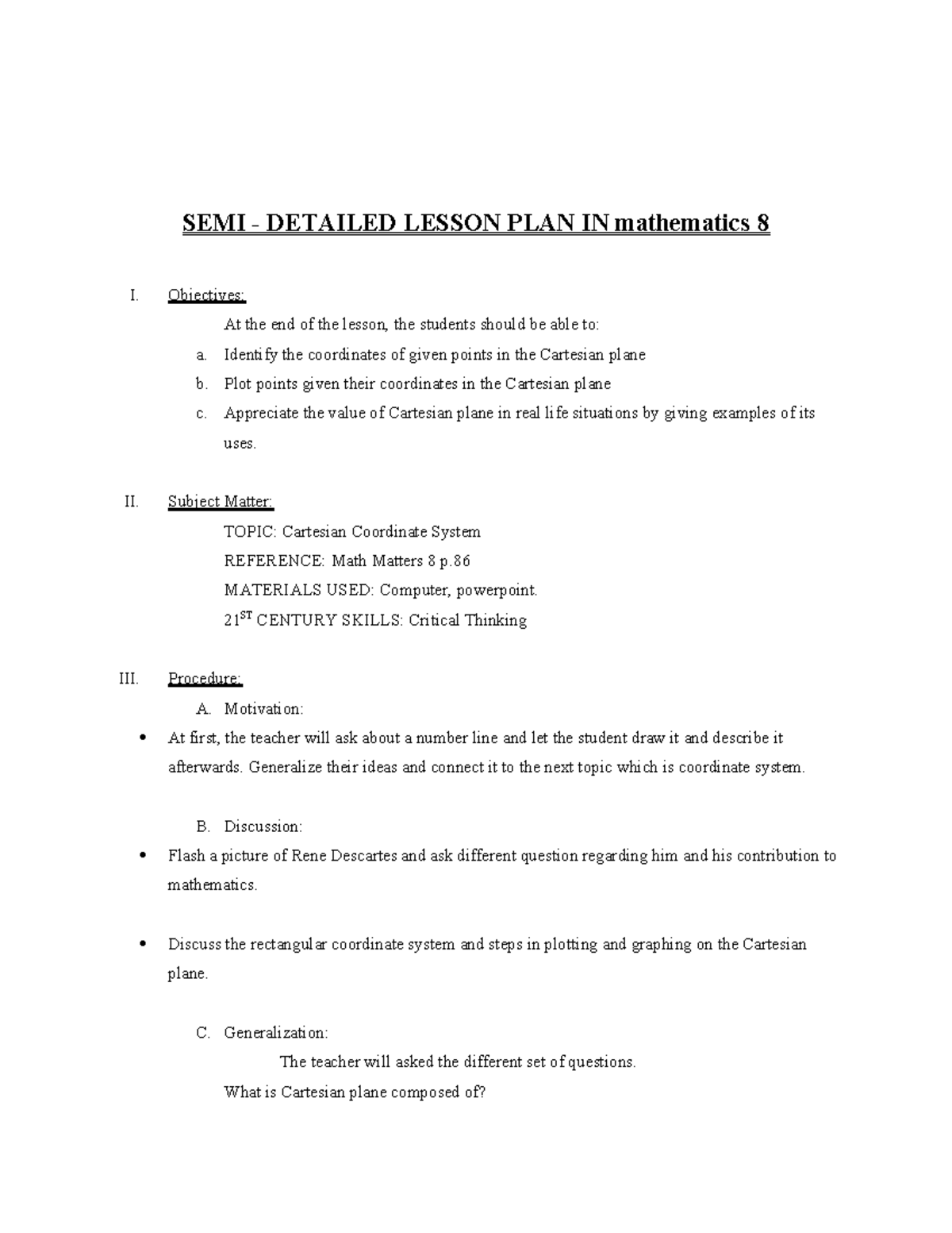 Sem Detailed Lesson Plan Math 8 Semi Detailed Lesson Plan In