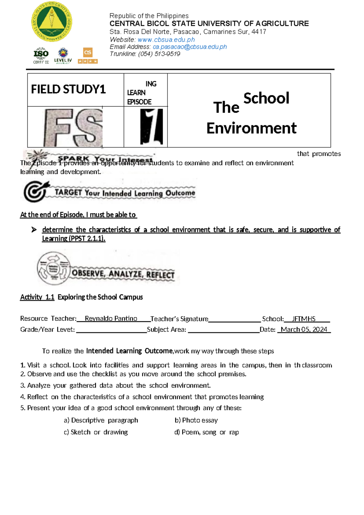 FS1 1 - This can guide students who take Field study - CENTRAL BICOL ...