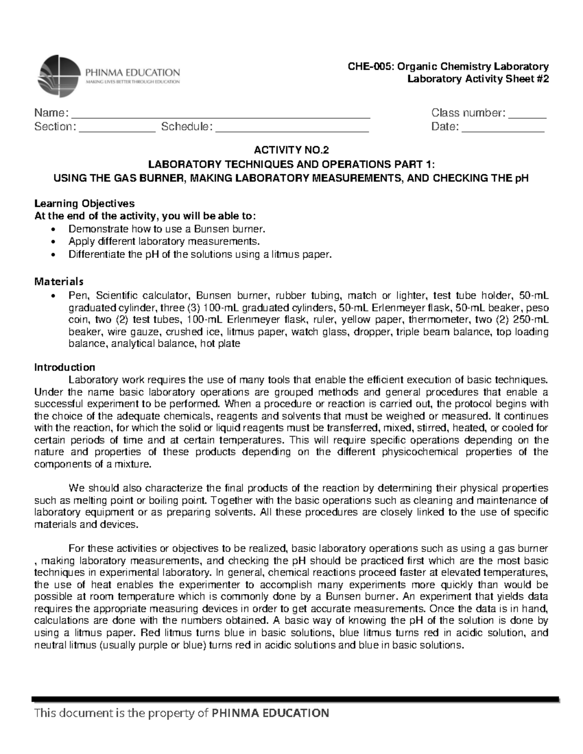 LAS2 CHE005L - Laboratory Techniques and Operations Part 1; Using the ...