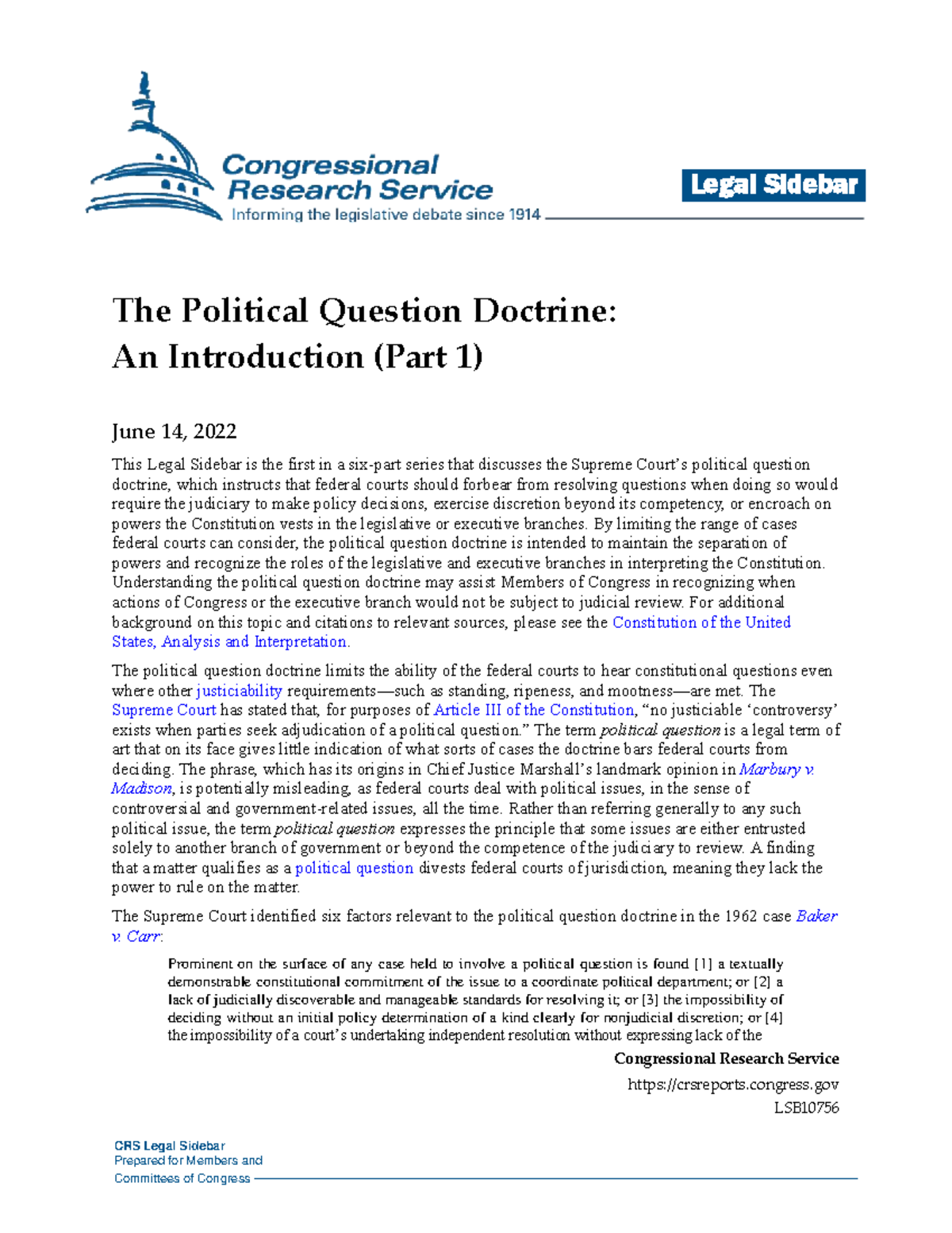 The political question doctrine - CRS Legal Sidebar Prepared for ...