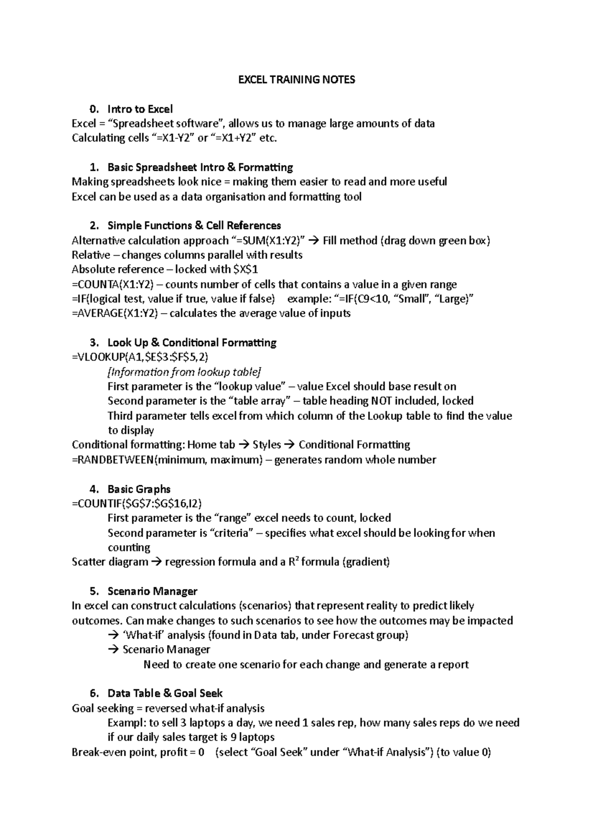 Excel Training Notes - EXCEL TRAINING NOTES Intro to Excel Excel ...