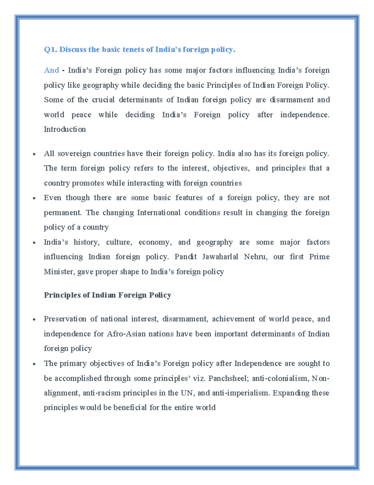 India’s Foreign Policy pol - Q1. Discuss the basic tenets of India’s ...