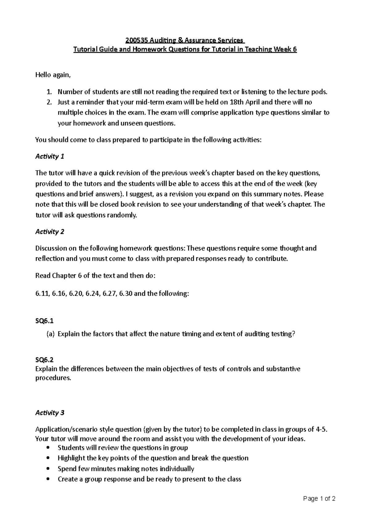 Tutorial Guide Week 6 students - 200535 Auditing & Assurance Services Tutorial Guide and - Studocu