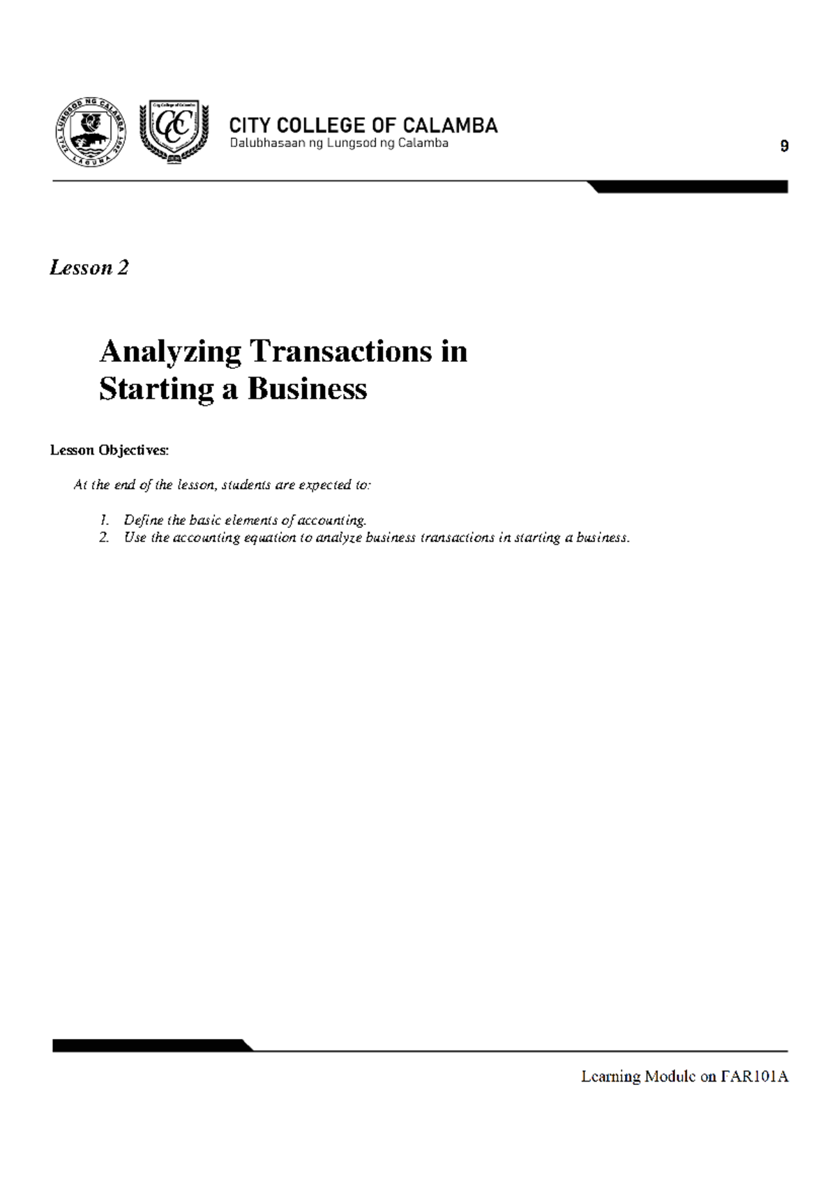 Lesson 2 Analyzing Transactions in Starting a Business - Lesson 2 ...
