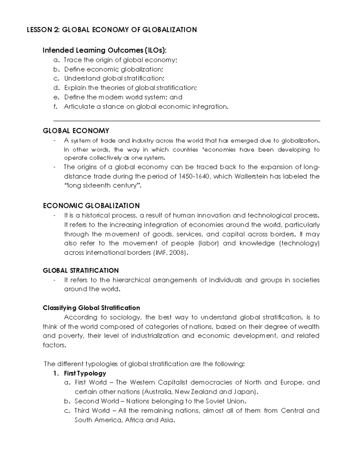Lesson 2 Economic Globalization - LESSON 2: GLOBAL ECONOMY OF ...