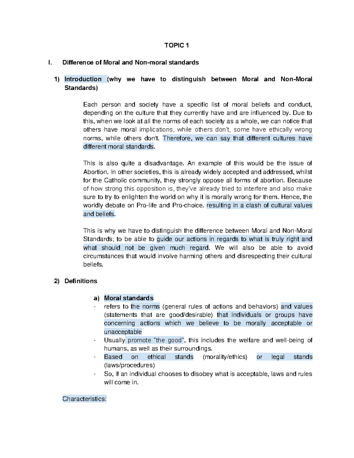 Notes for Ethics - Ideologies - TOPIC 1 I. Difference of Moral and Non ...
