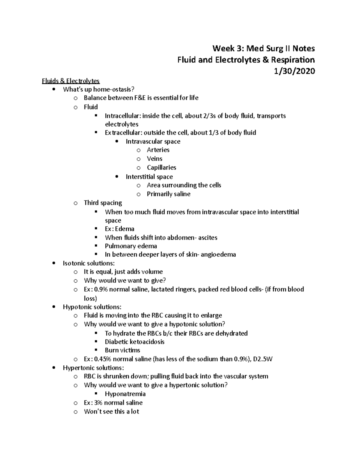 Notes for Exam 2 - Week 3: Med Surg II Notes Fluid and Electrolytes ...