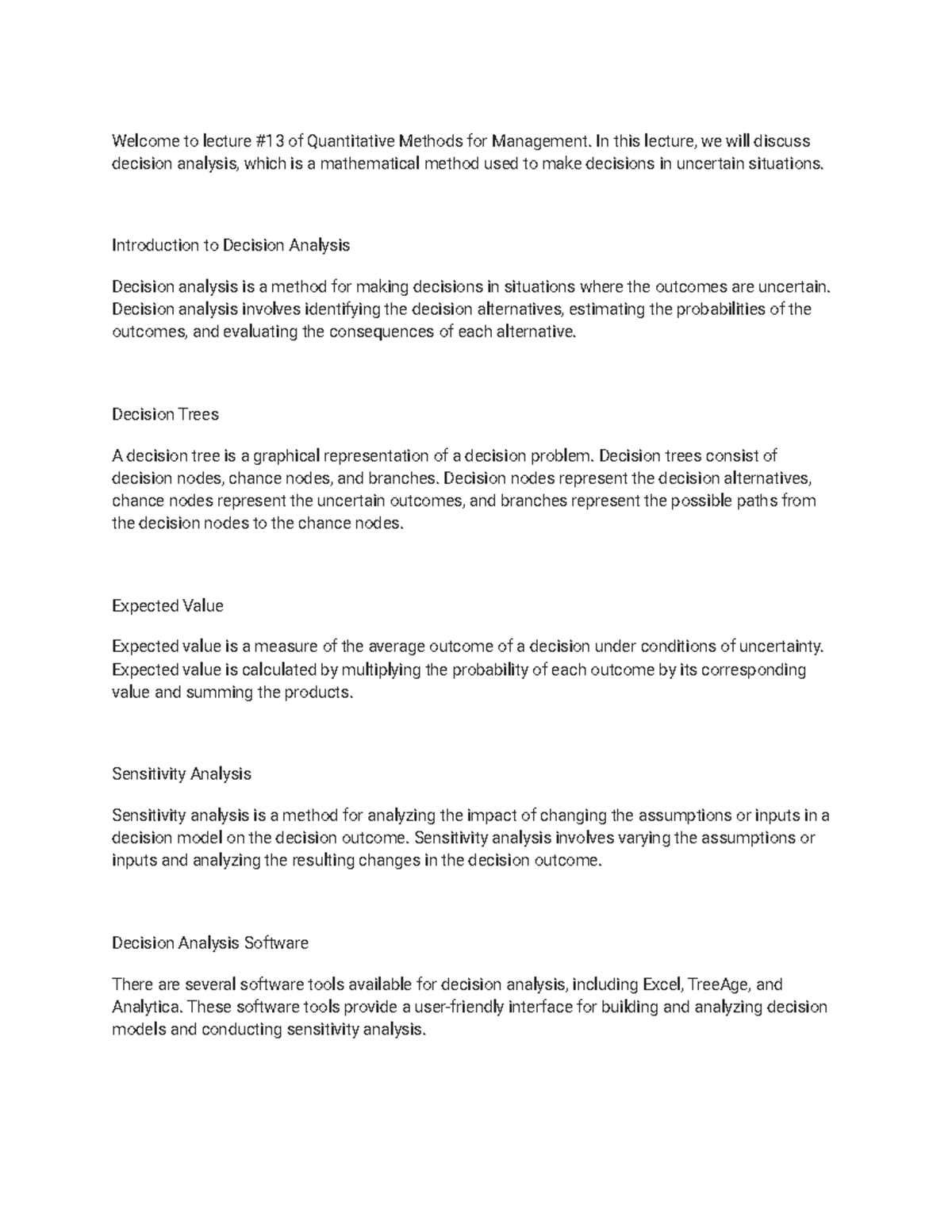 Lecture #13 Decision Analysis - Welcome to lecture #13 of Quantitative ...
