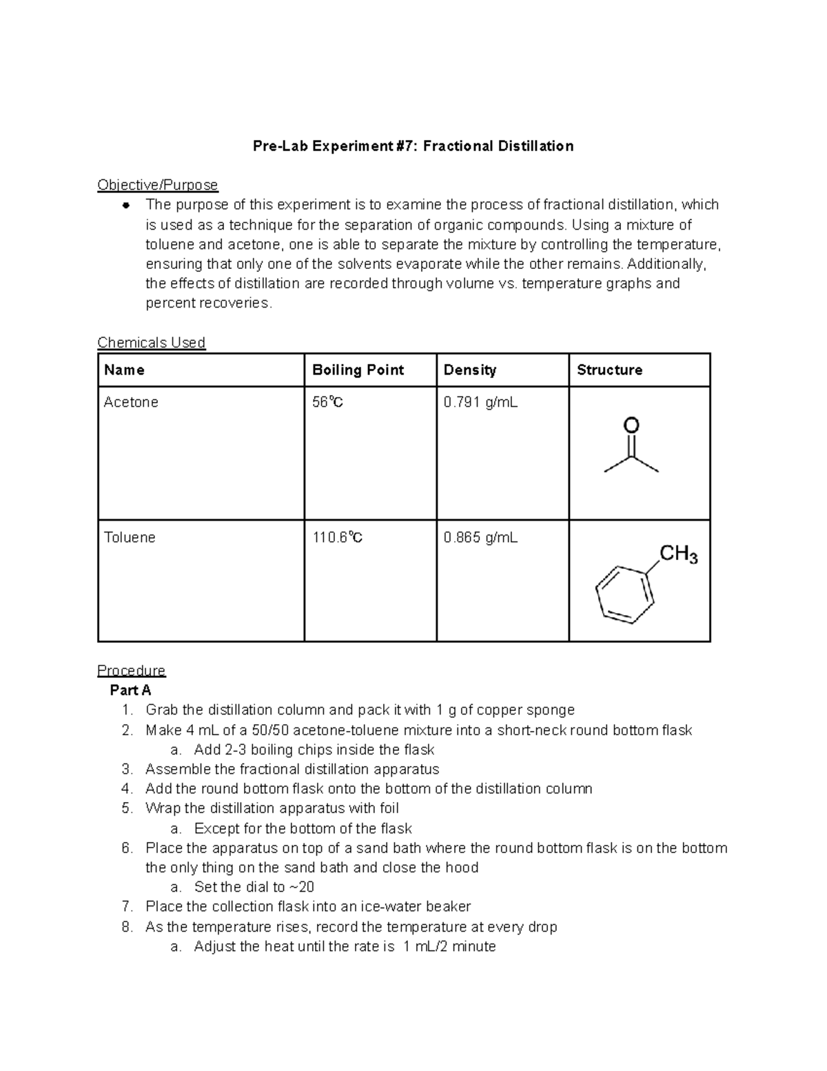 Pre Lab #4 - Pre Lab Assignment Procedure - Pre-Lab Experiment #7: Fractional Distillation - Studocu
