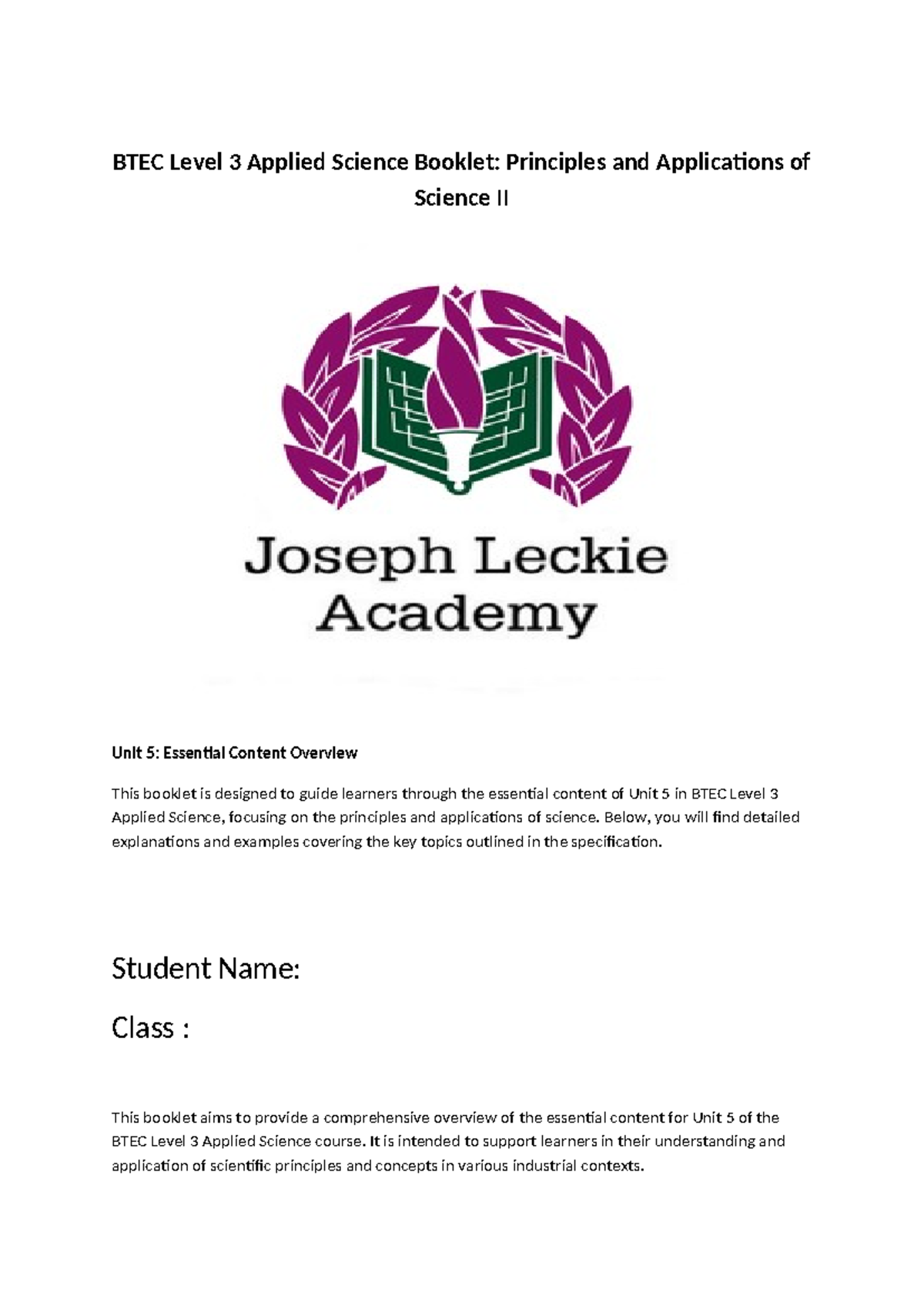 Unit 5 Booklet - BTEC Level 3 Applied Science Booklet: Principles and Applications of Science II ...