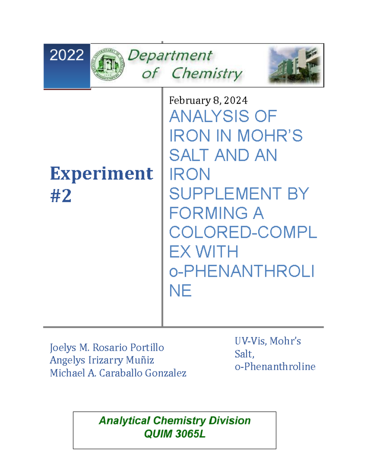 O-PHEN Group C - asdfghj - Experiment February 8, 2024 ANALYSIS OF IRON ...