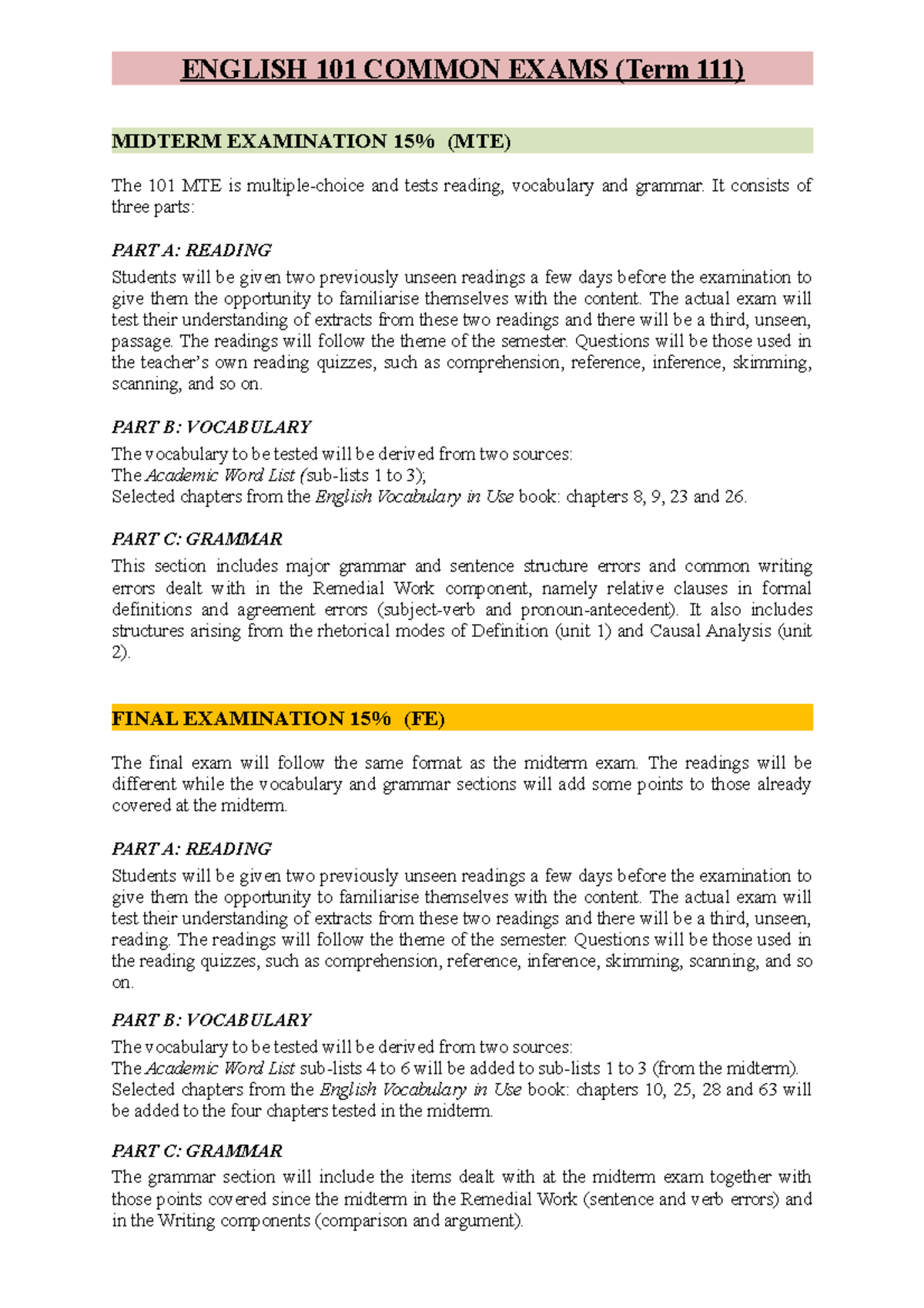 English 101 sem 111 common exams - ENGLISH 101 COMMON EXAMS (Term 111 ...