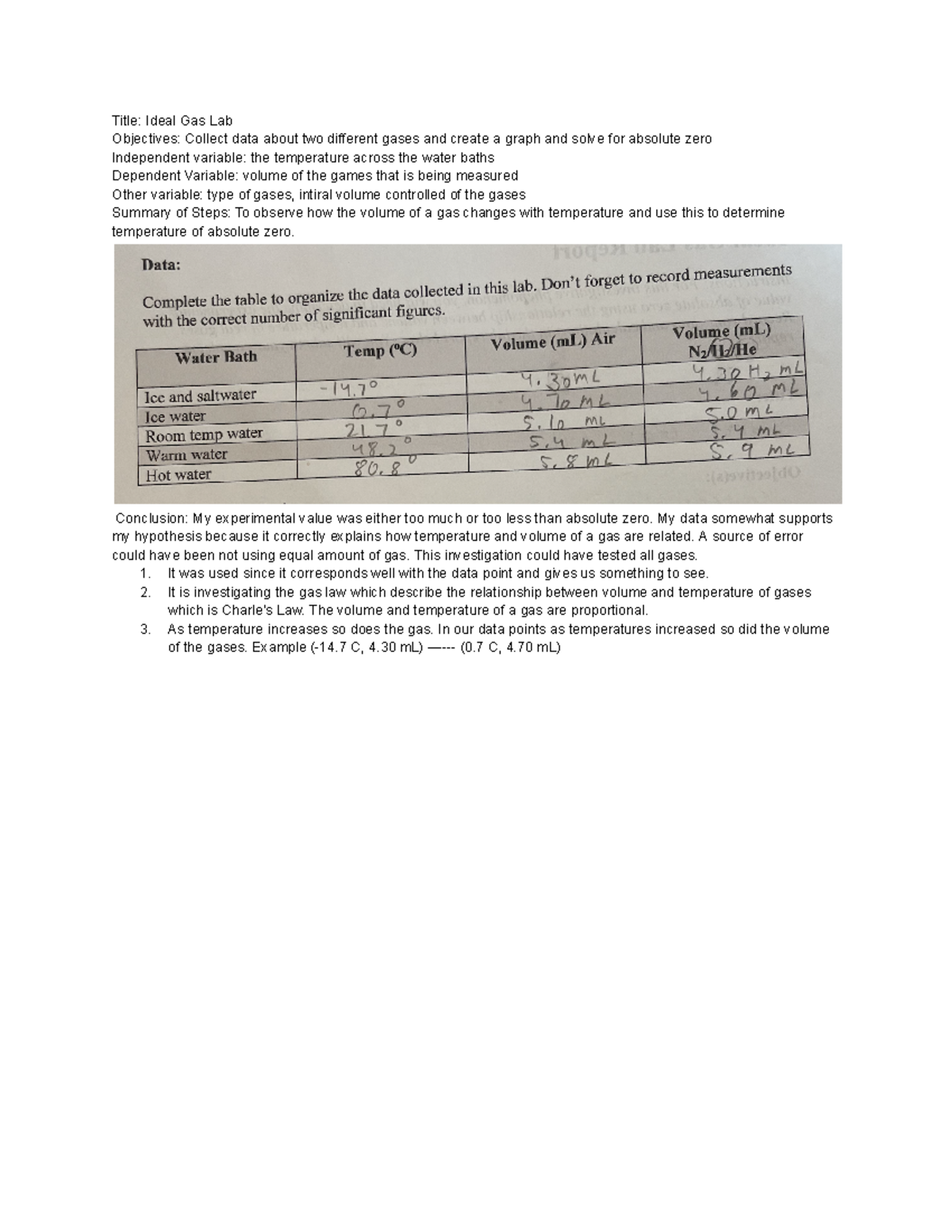 Title Ideal Gas Lab - n/a - Title: Ideal Gas Lab Objectives: Collect ...