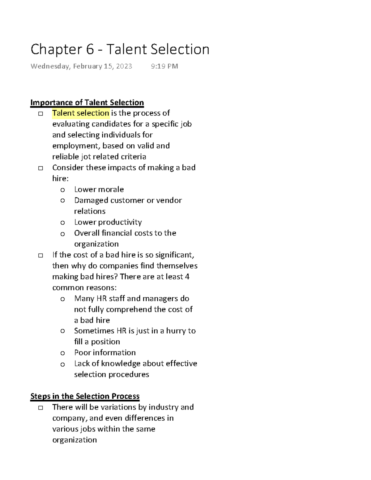 Chapter 6 - Talent Selection - Importance of Talent Selection Talent ...