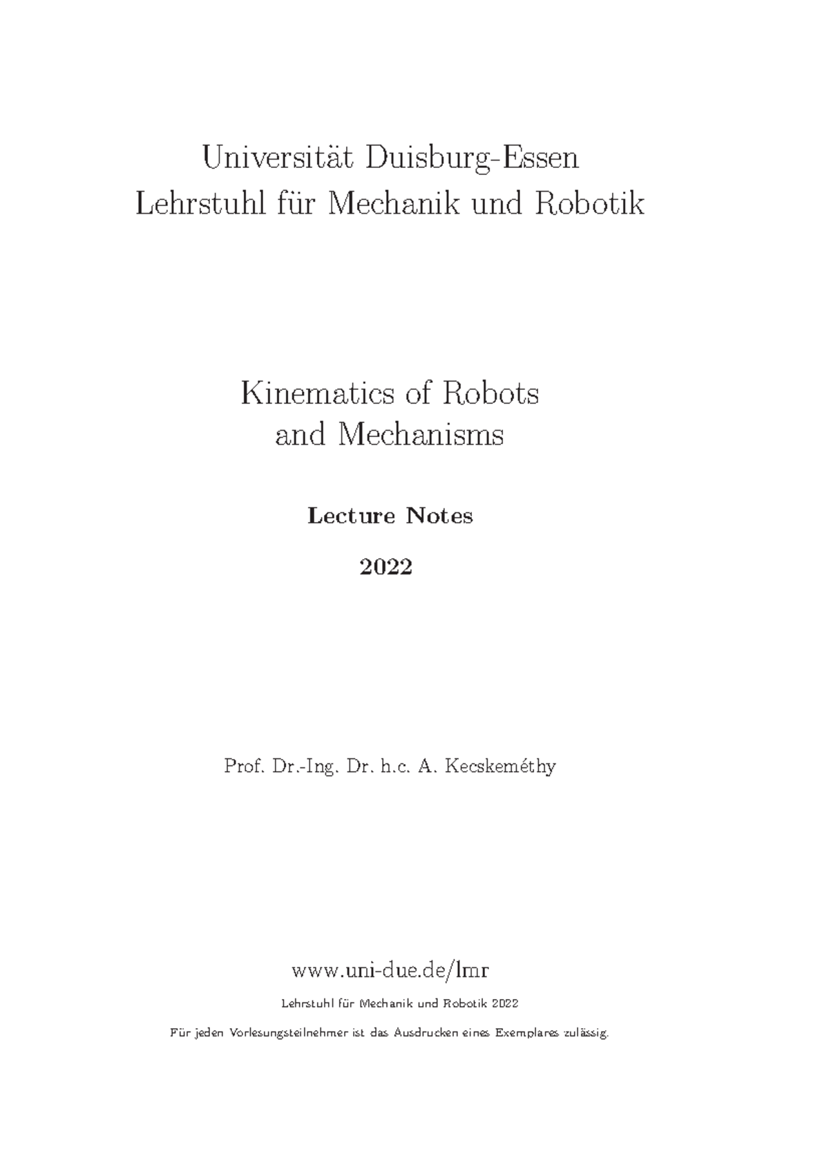 Lecture Notes Kinematics 2022 - Universit ̈at Duisburg-Essen Lehrstuhl ...