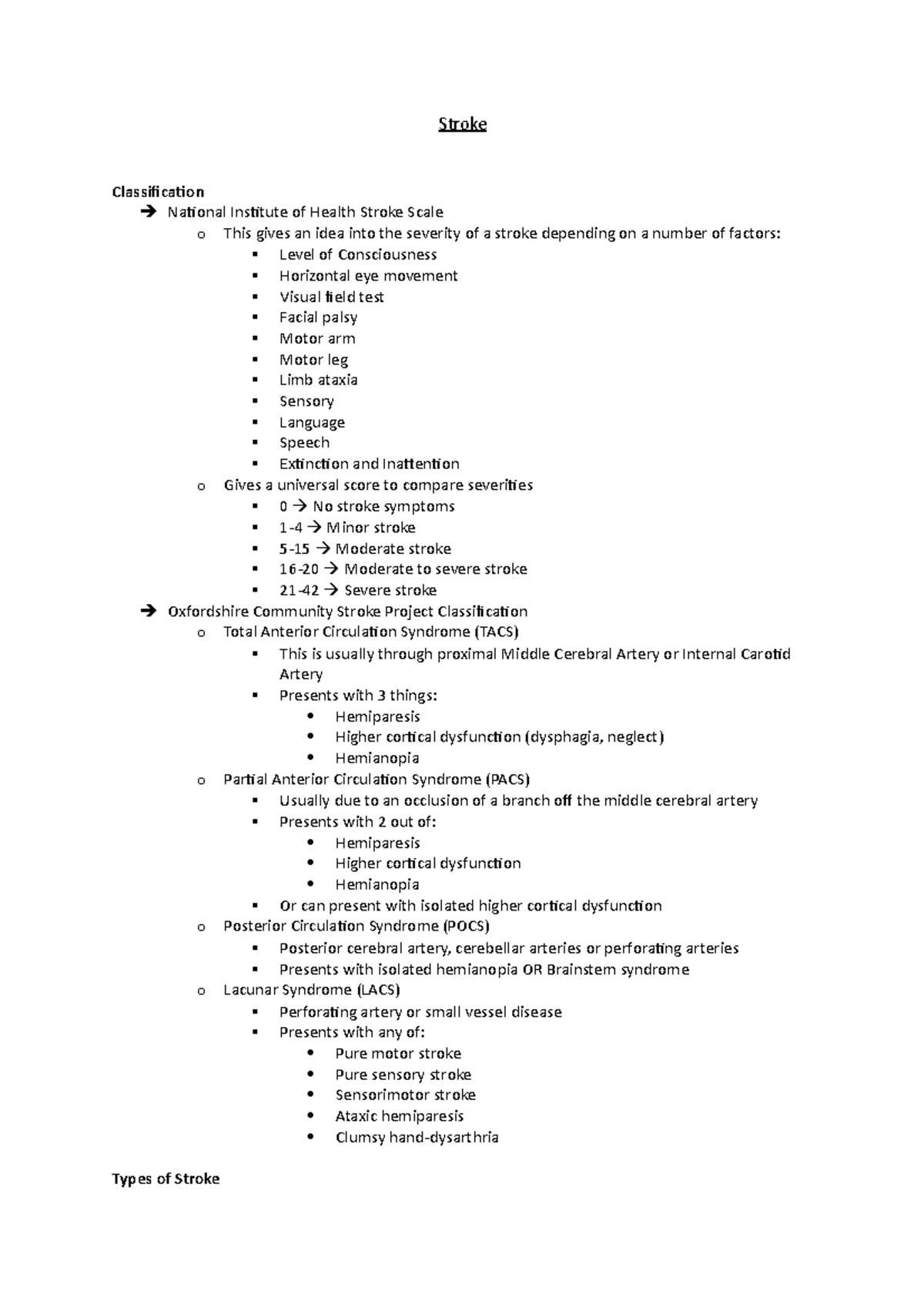 Stroke - Lecture notes week 12 - neurology - Stroke Classification ...