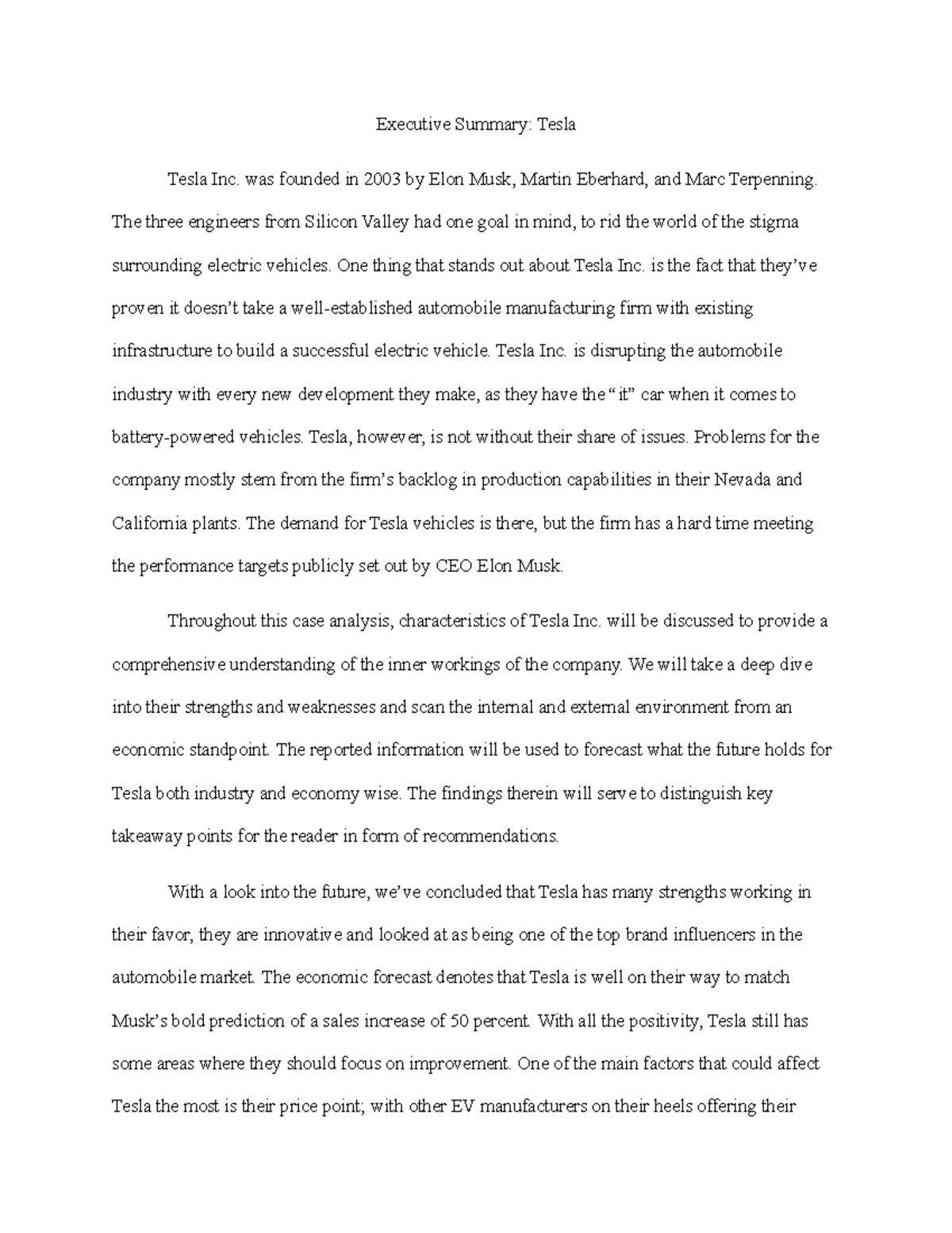 Executive Summary Tesla - Executive Summary: Tesla Tesla Inc. was ...