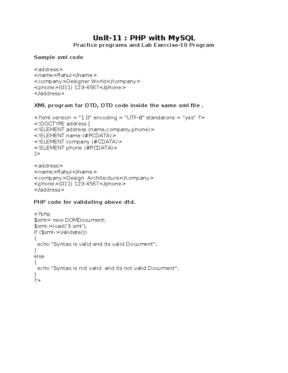 Unit 11 Introduction To Xml Unit 11 Php With Mysql Practice 9492