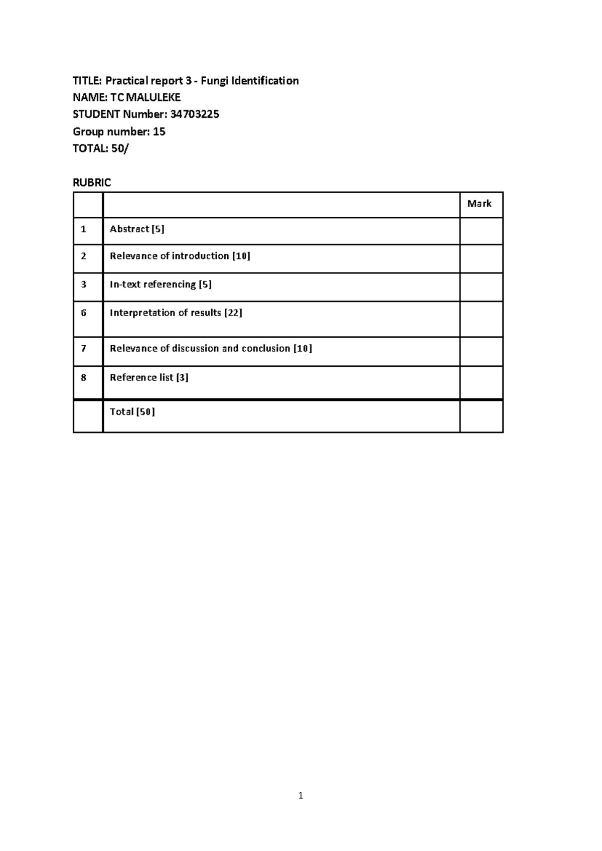Fungi Identification - TITLE: Practical report 3 - Fungi Identification ...
