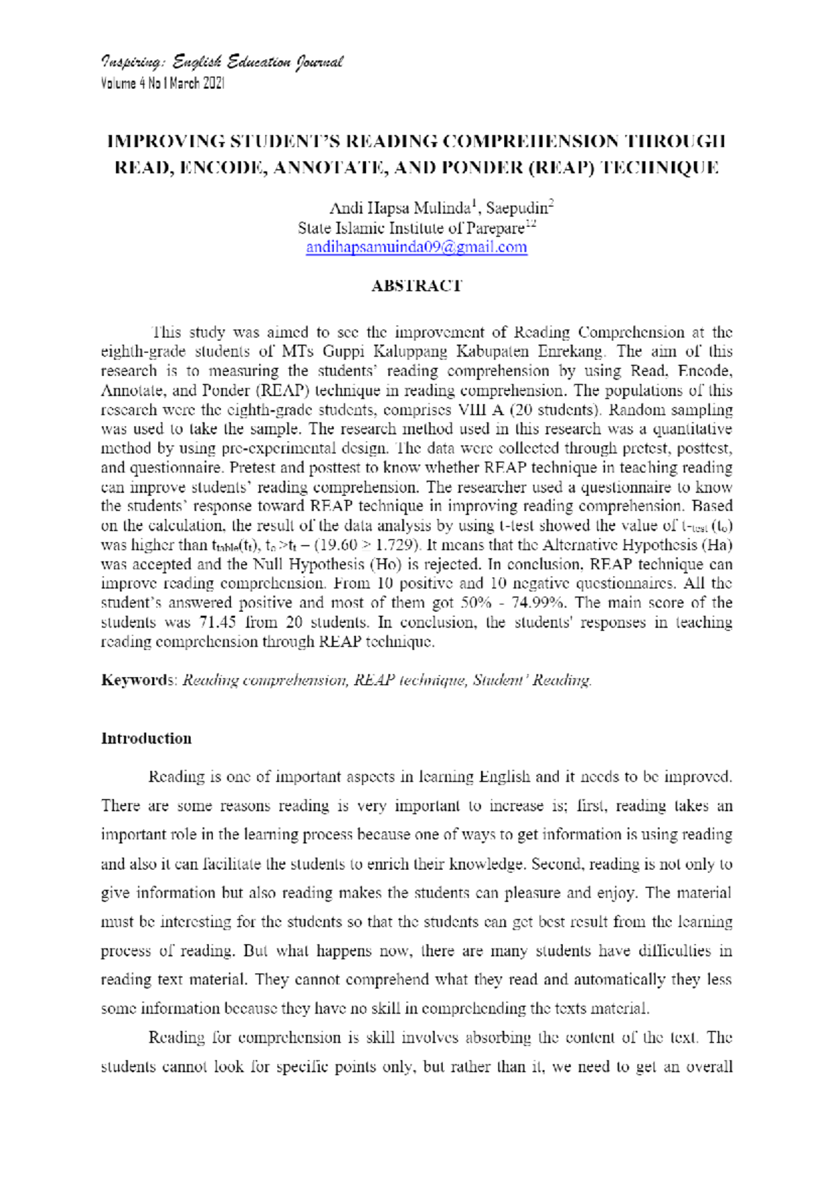 Improving Students' Reading Comprehension through Read, Encode, Annotate and Ponder (REAP ...