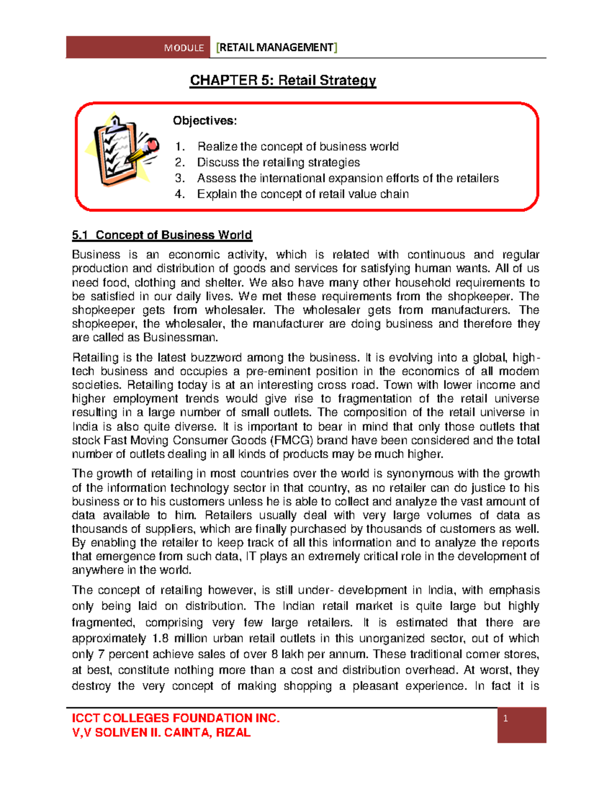 Chapter 5 Retail Strategy - ICCT COLLEGES FOUNDATION INC. 1 Objectives ...