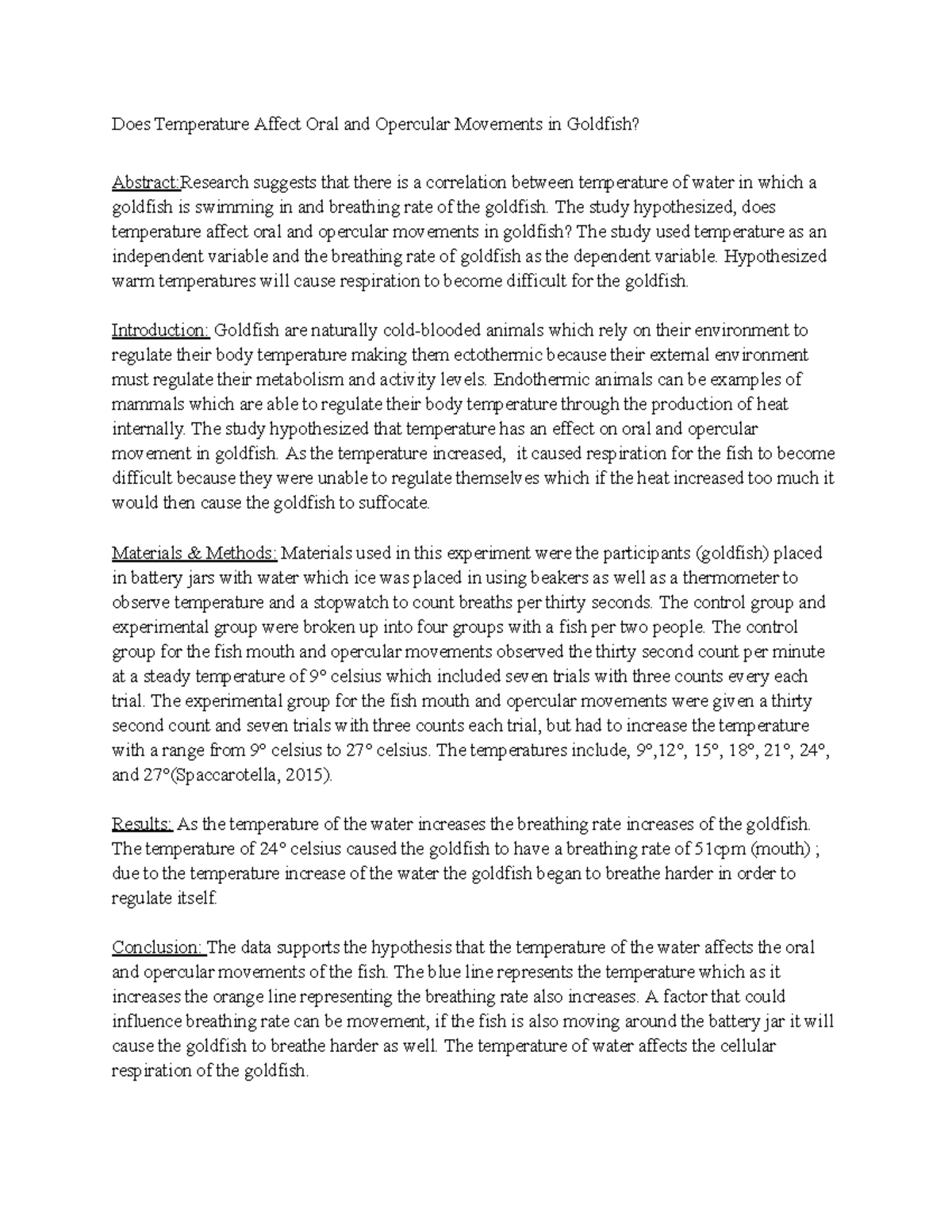 Lab 2 Lab Report- Goldfish Experiment - Does Temperature Affect Oral ...