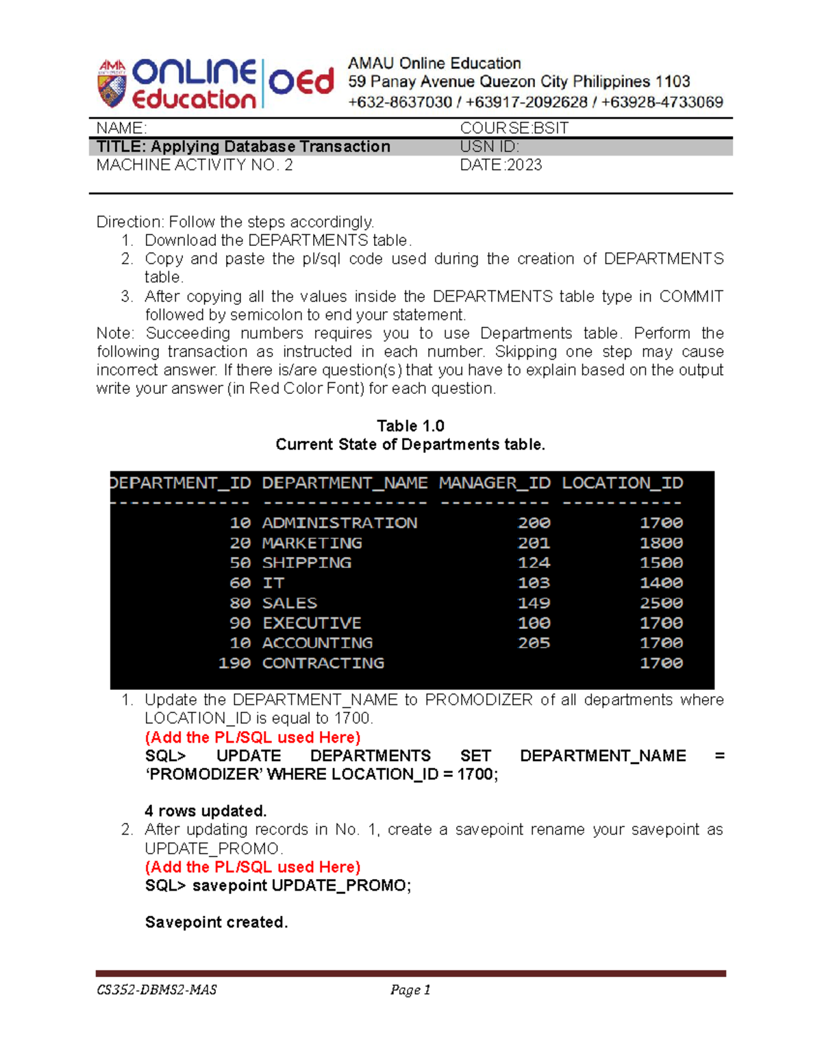 Laboratory Exercise 002 - Managing Users and Roles - TITLE: Applying Database Transaction USN ID ...
